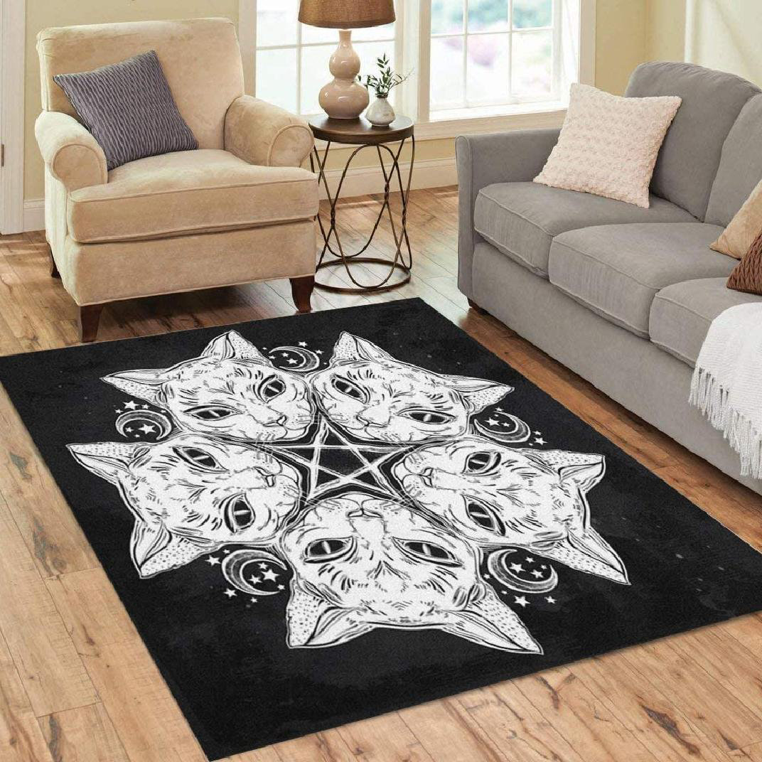 Trinx Area Rug Black Cat Head Round Portrait Madnala Moon Pentagram ...