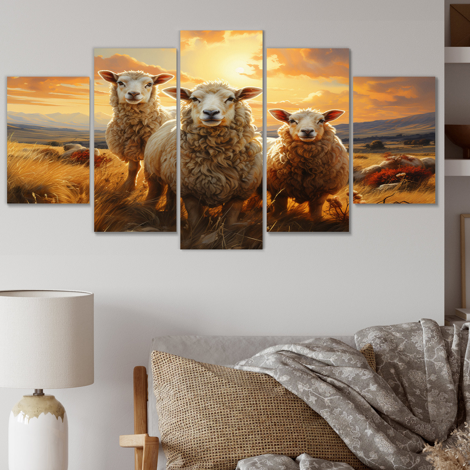 August Grove® Sheep Golden Flock - Animals Wall Art Print - 5 Panels ...