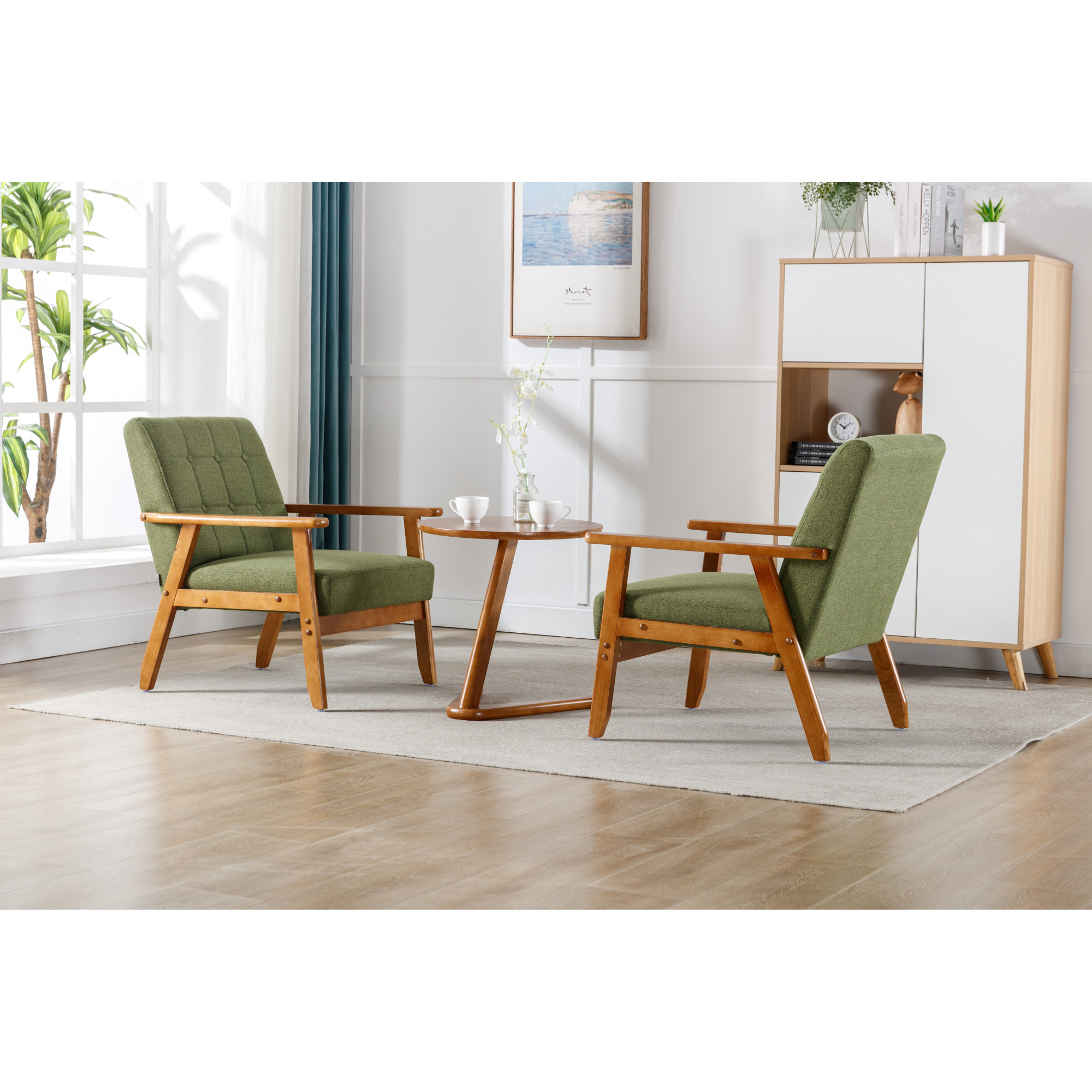 George Oliver Mid-century 2-chair & side table set: wood & fabric ...