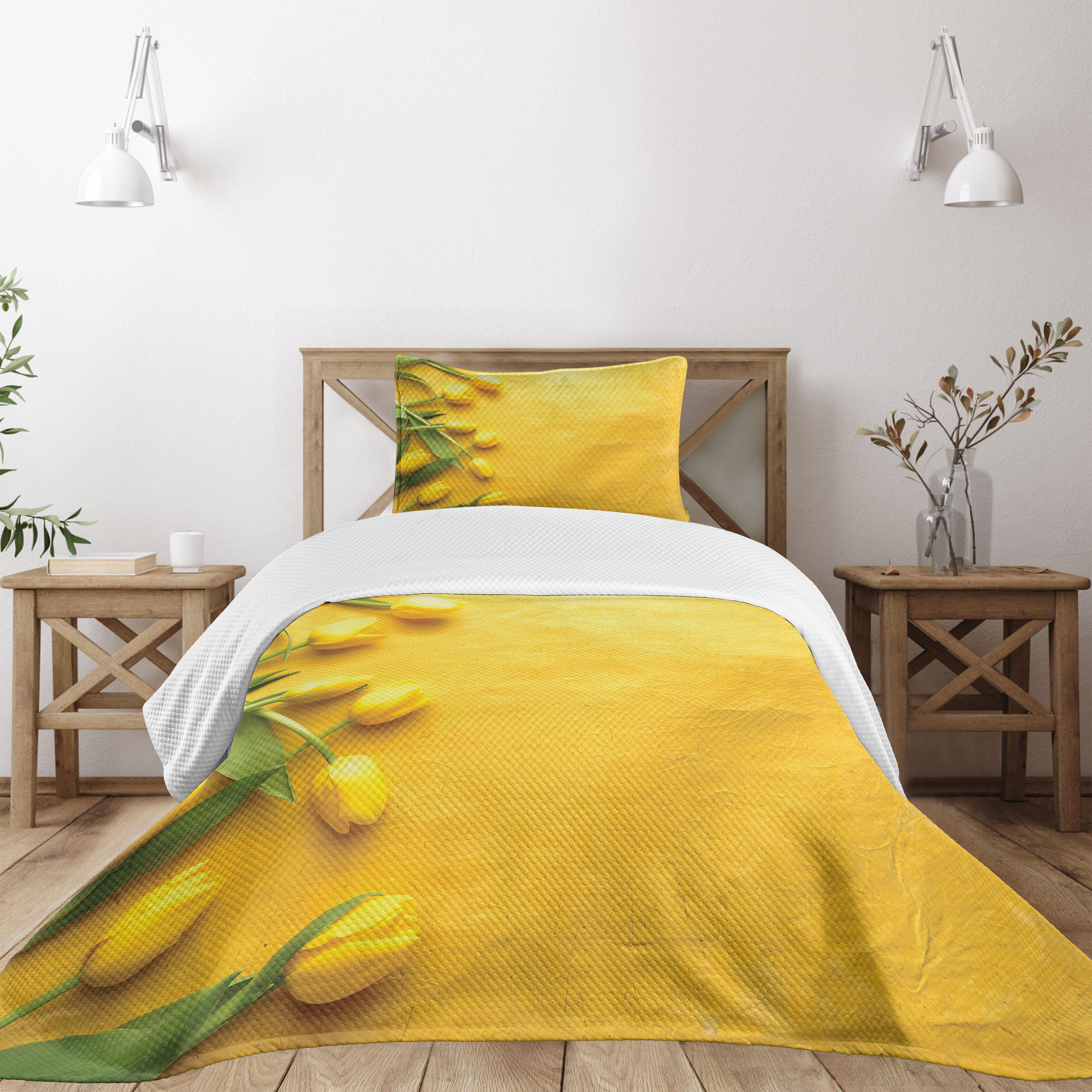 Ambesonne Yellow Bedspread Set Tulip Flowers Garden Yellow Green | Wayfair