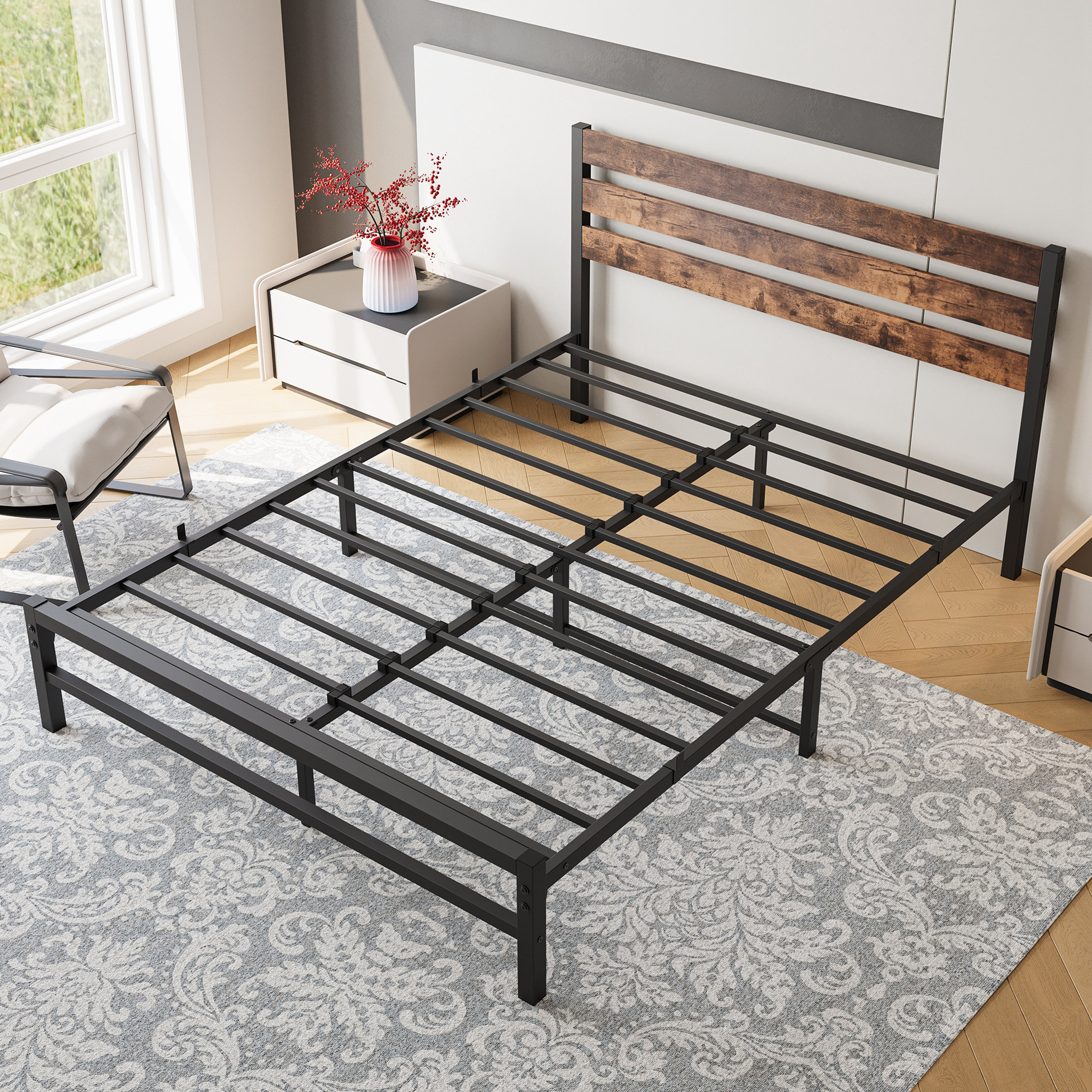 17 Stories Rustic Bed Frame With Vintage Headboard And Ample Storage ...