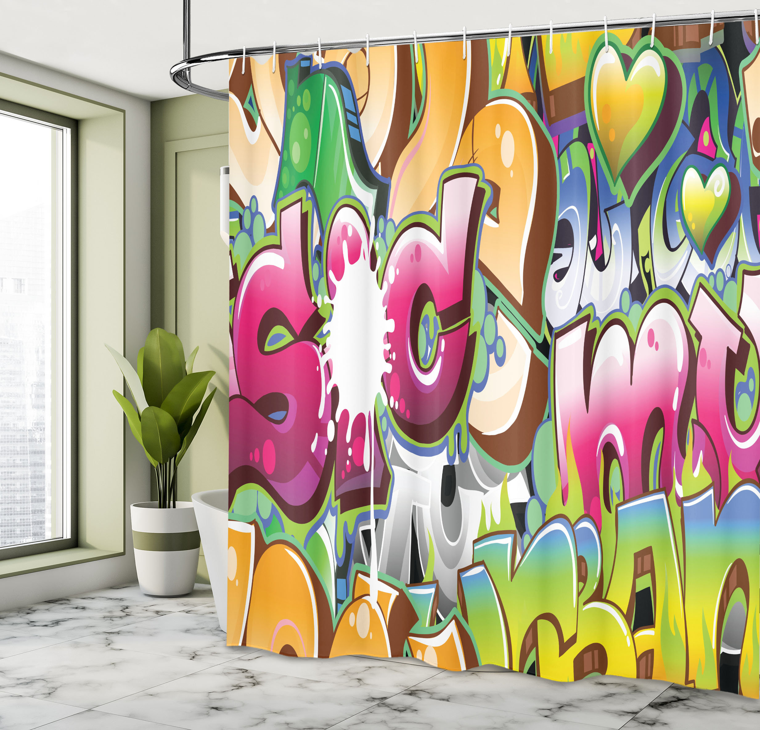 Ivy Bronx Urban Graffiti Shower Curtain Throwie Style Multicolor | Wayfair