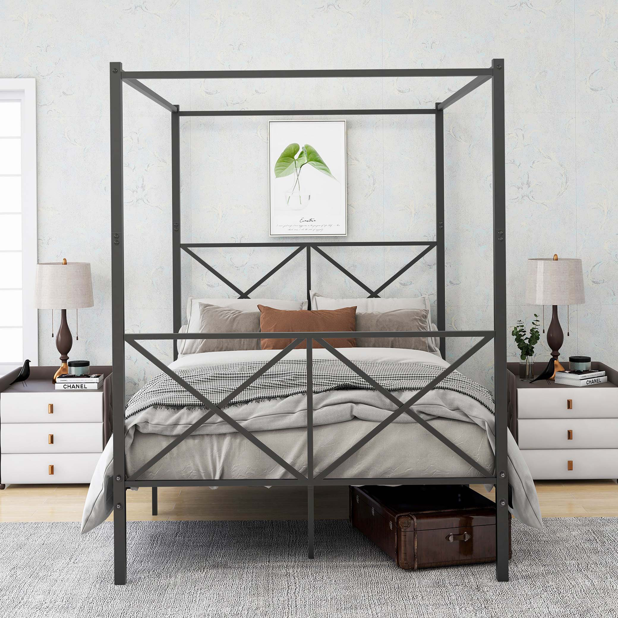 Gracie Oaks Metal Canopy Bed Frame, Platform Bed Frame with X Shaped ...