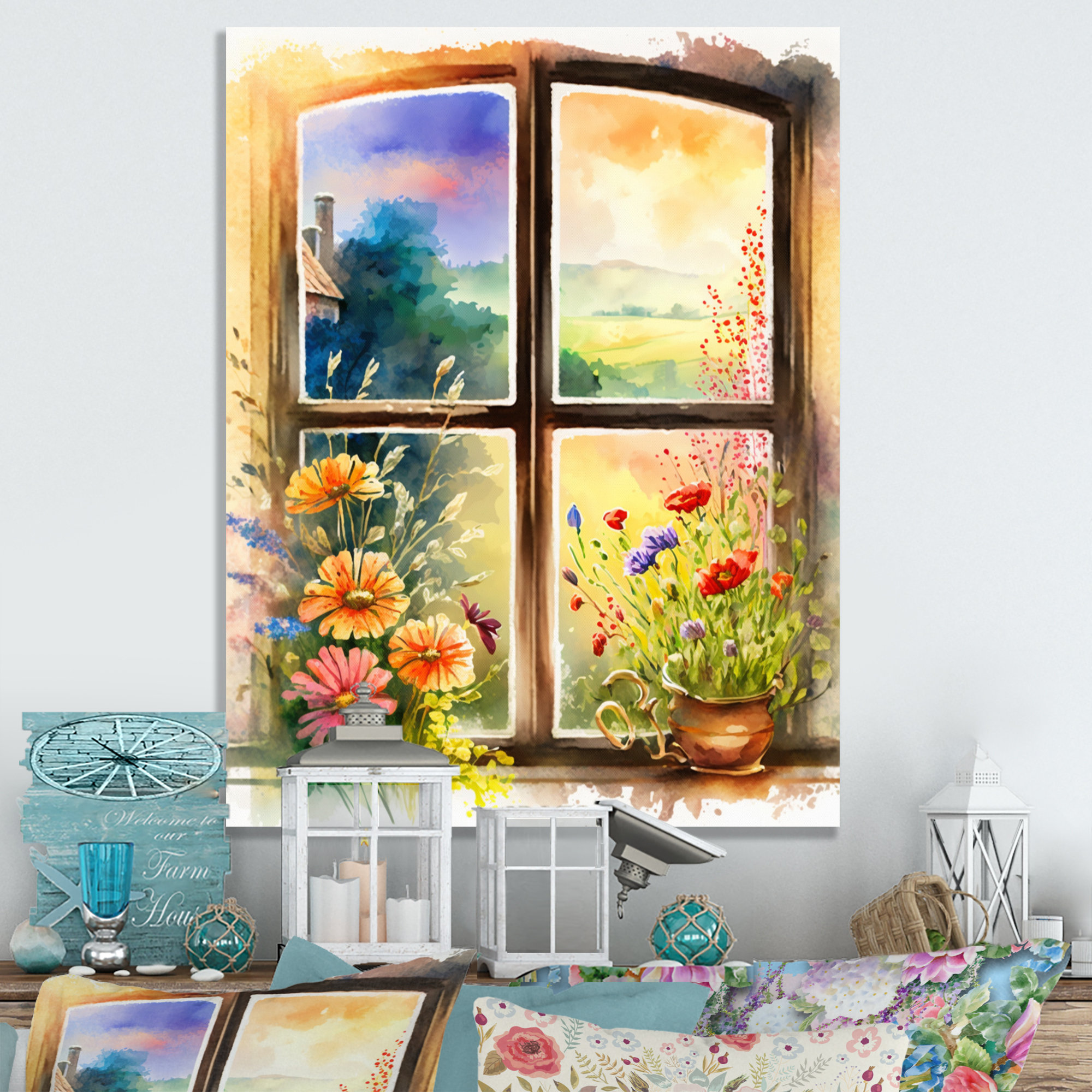 Mercer41 Summer Sunset Floral Window II - Farm Windows Wall Decor | Wayfair