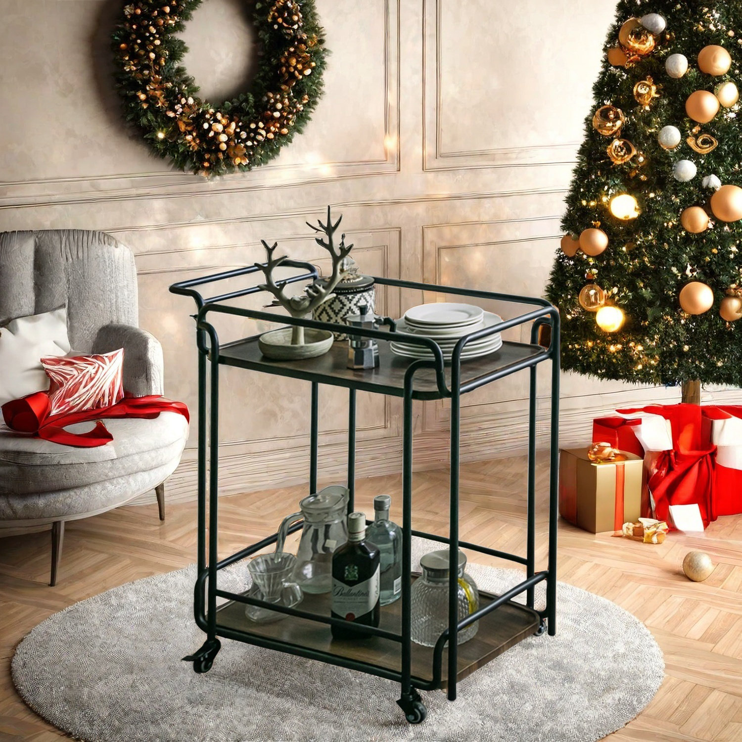 17 Stories Modern Kitchen Bar Cart On Wheels: Metal Rolling Serving ...