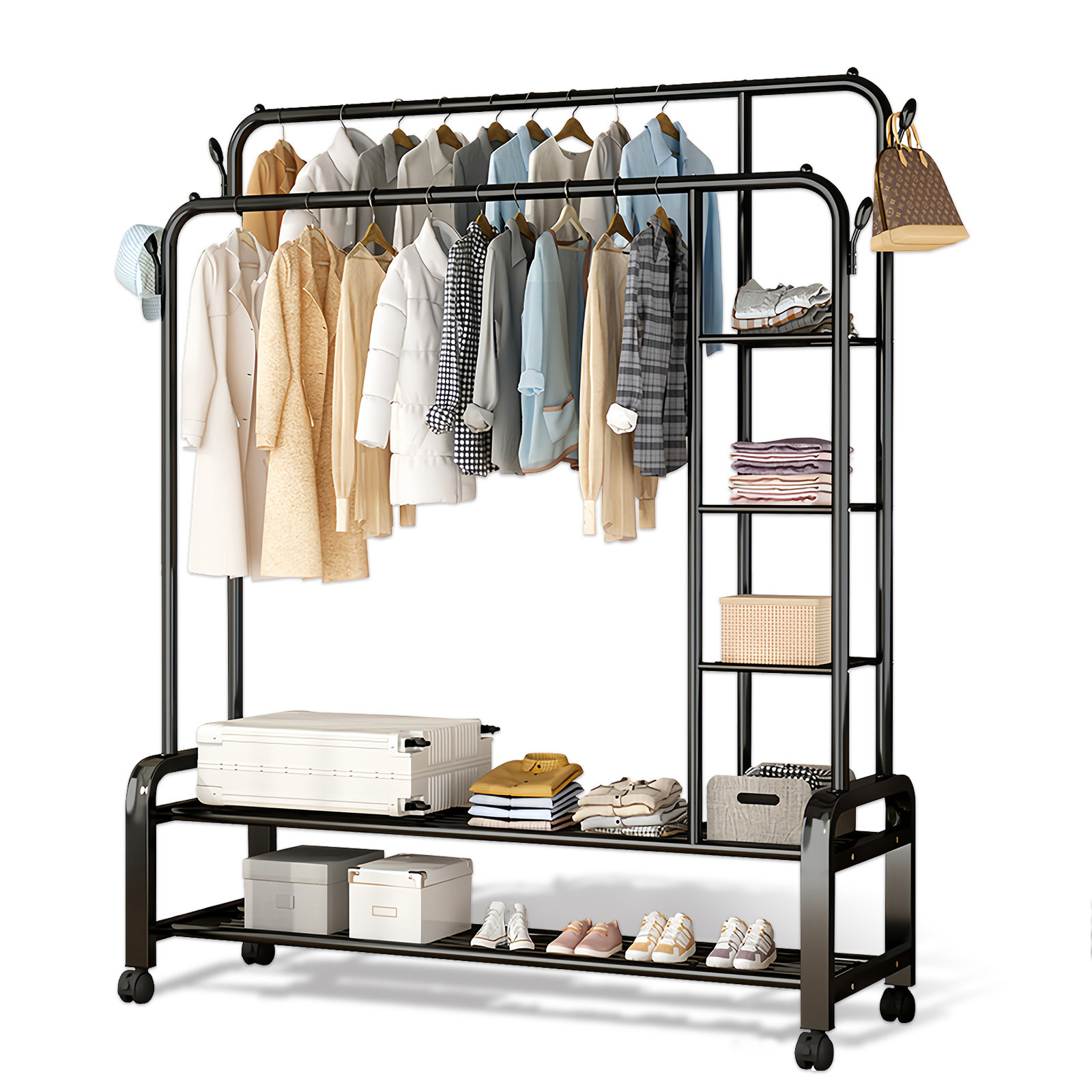 Rebrilliant Black Rolling Floor Double-Layer Double-Bar Clothes Rack ...