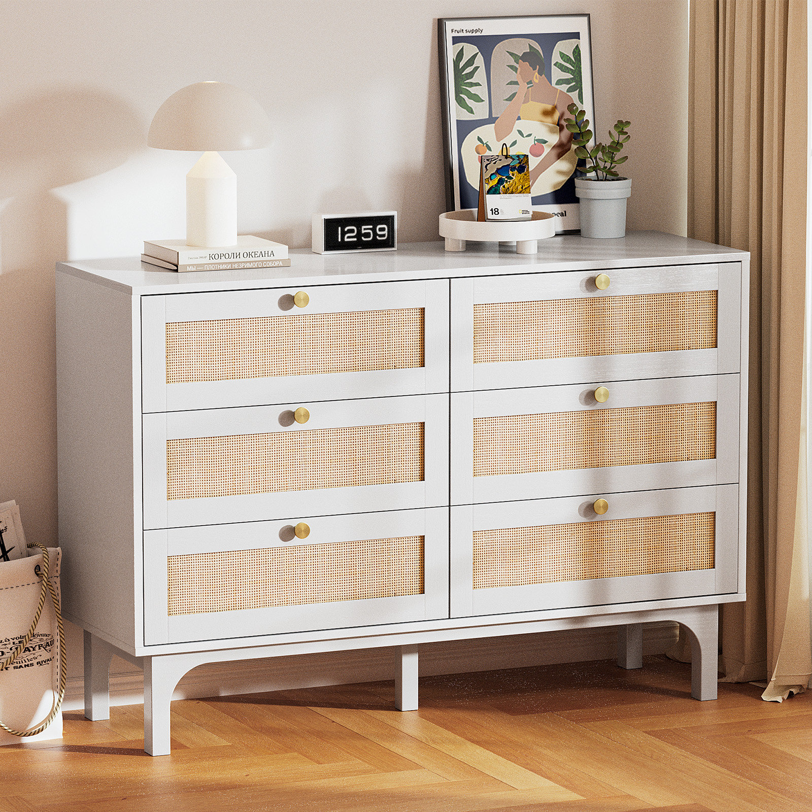 Winston Porter White Particleboard With Melamine And Rattan Six-Drawer ...