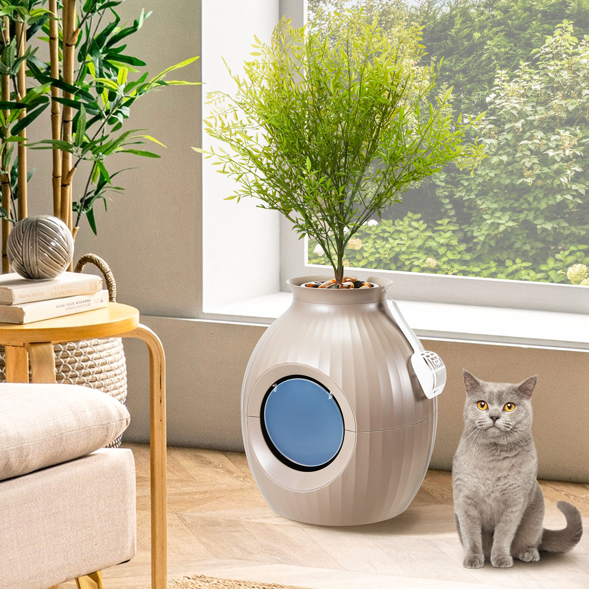 EROMMY Cat Litter Box Enclosure with Artificial Plants, Hidden Litter ...