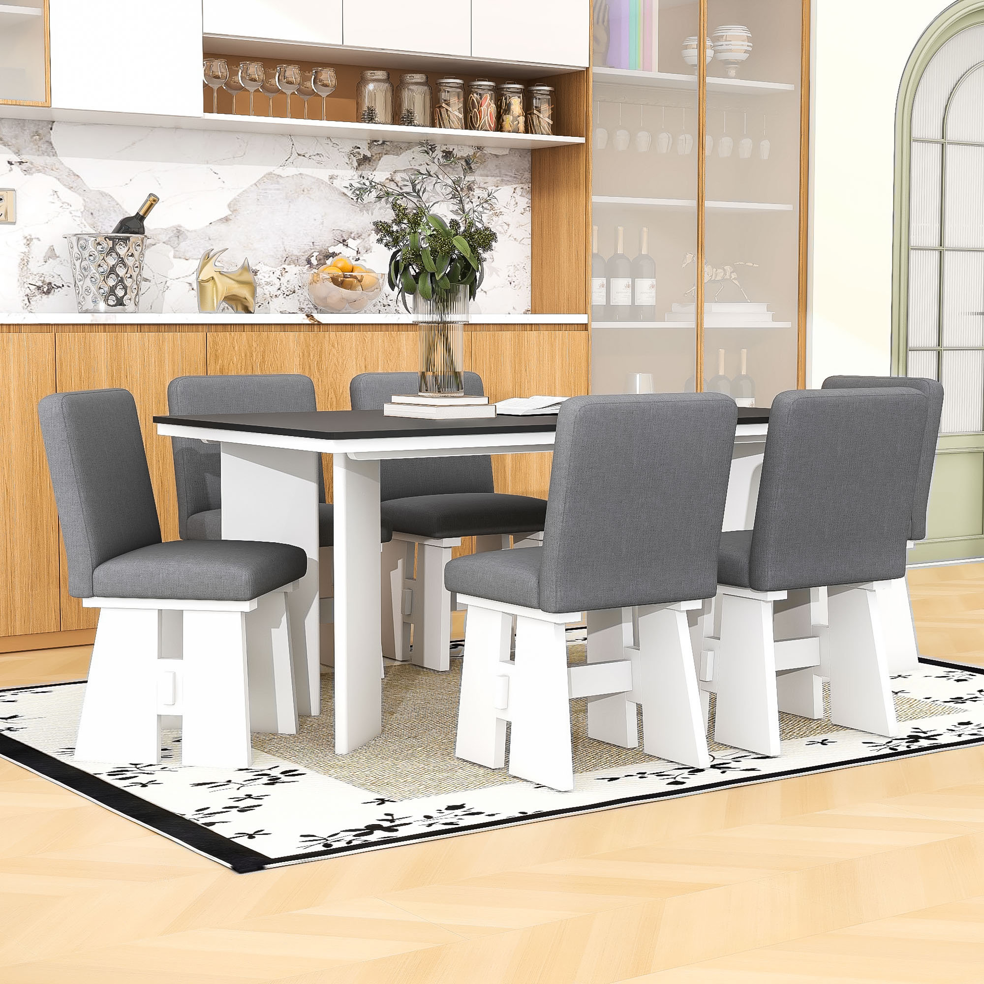 Latitude Run® Modern 7Pcs Dining Table Set with 6 Upholstered Chairs ...