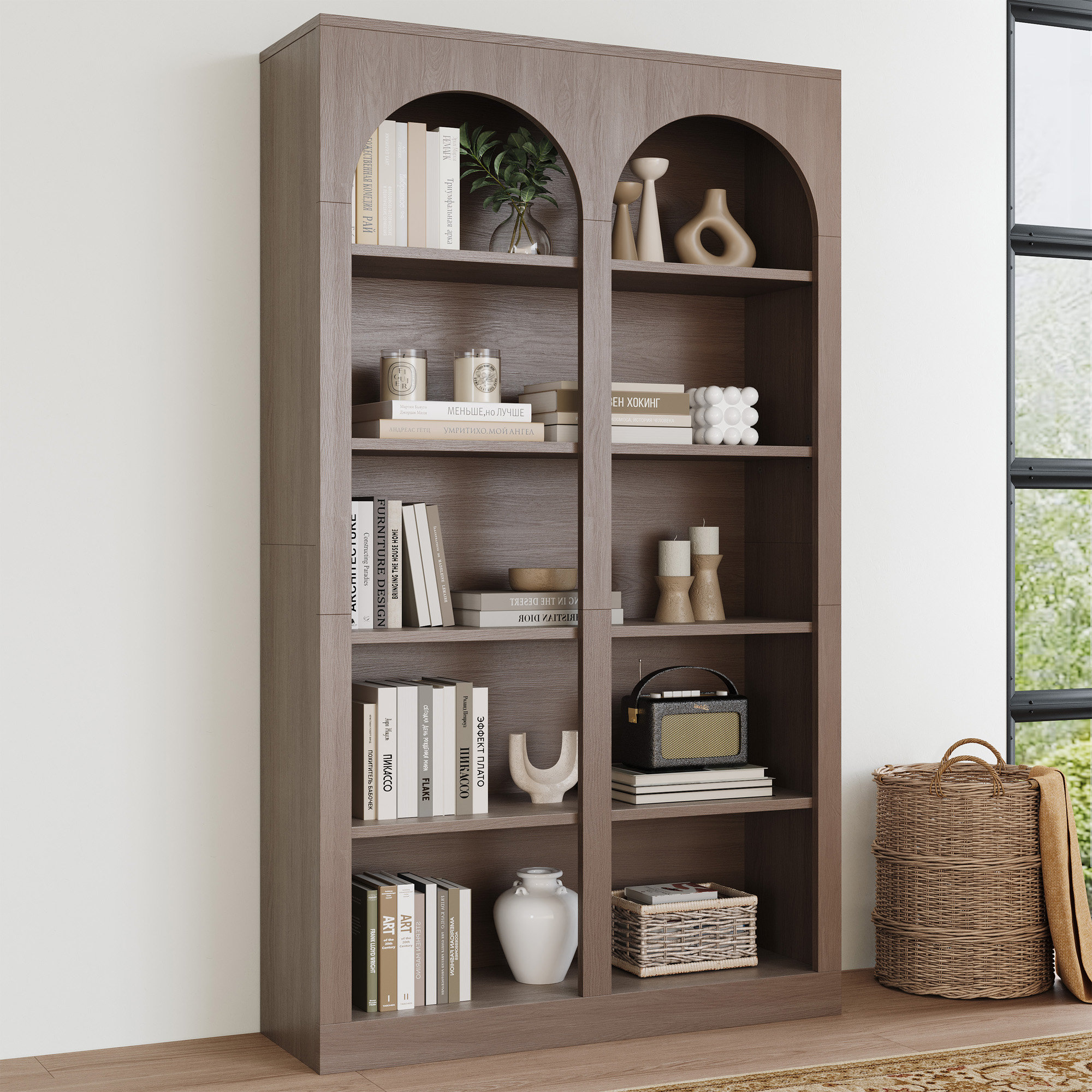 Latitude Run® 5 Tier Arched Bookcase, 70.8”Wooden Bookshelf For Living ...