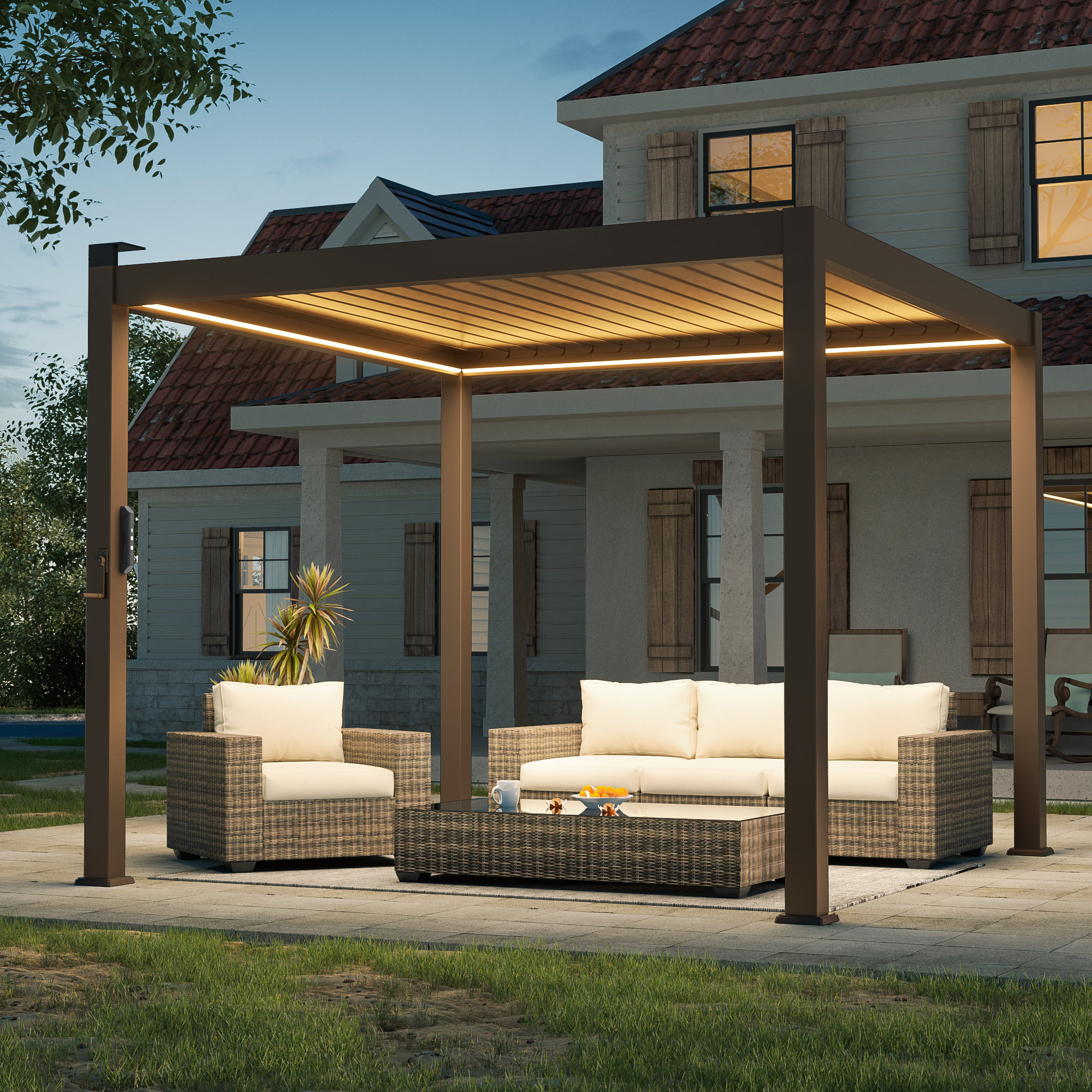 Aok Garden Solar Light Pergola Full Aluminum Frame with Adjustable Roof ...