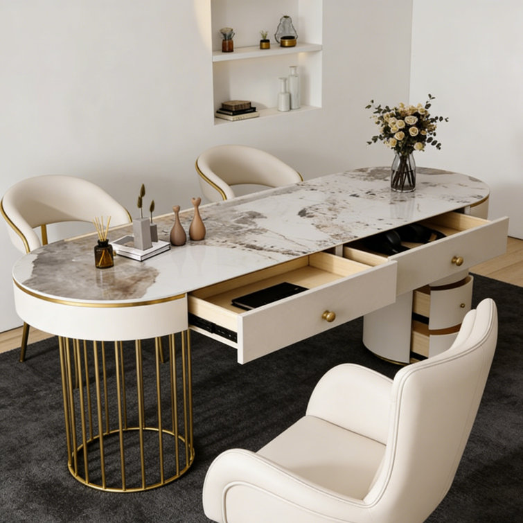 Minimalist And Luxurious White Rock Slab Desk With Metal And Wood Panel ...