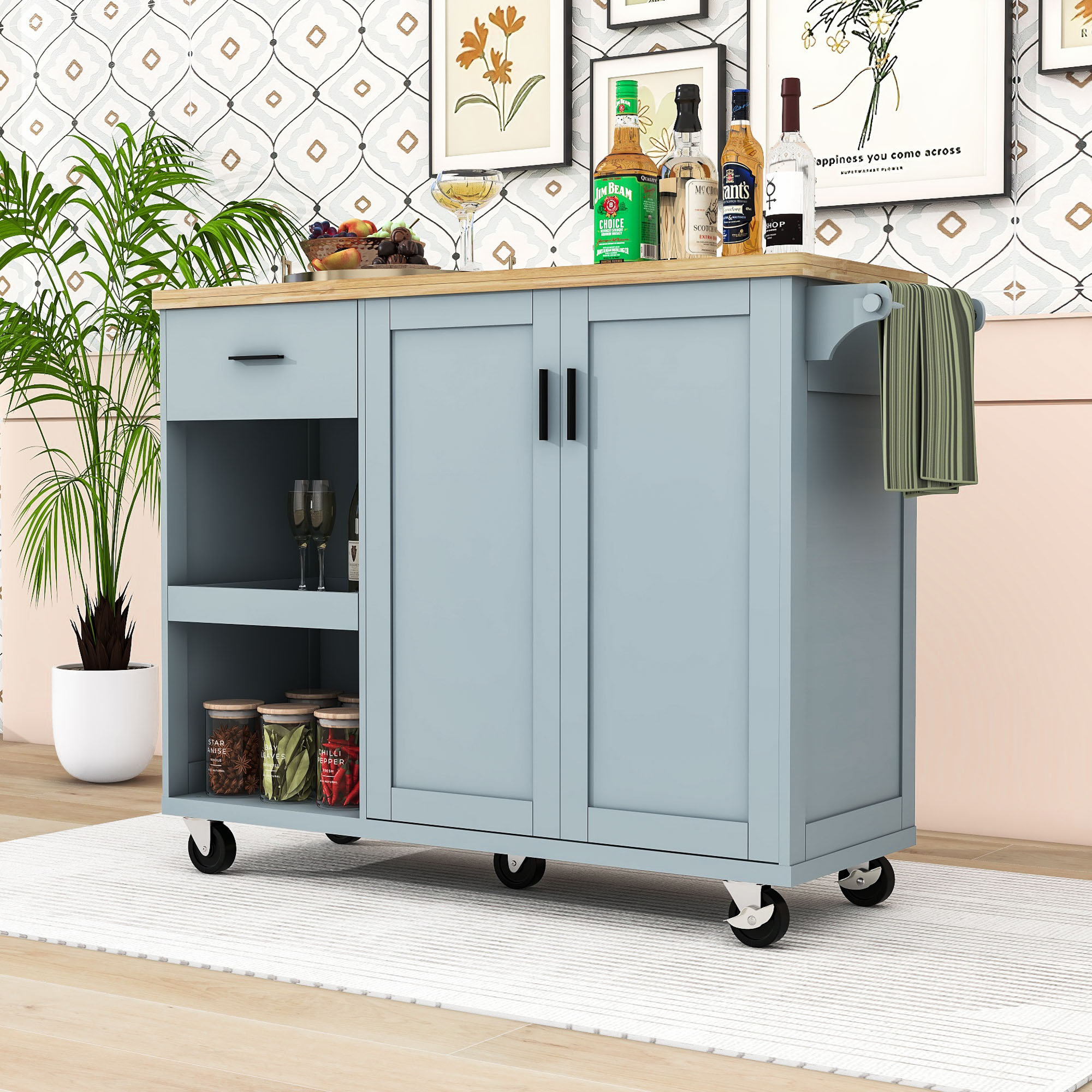 Lark Manor Kitchen Island with Foldable Counter Top, Towel Rack, Shelf ...