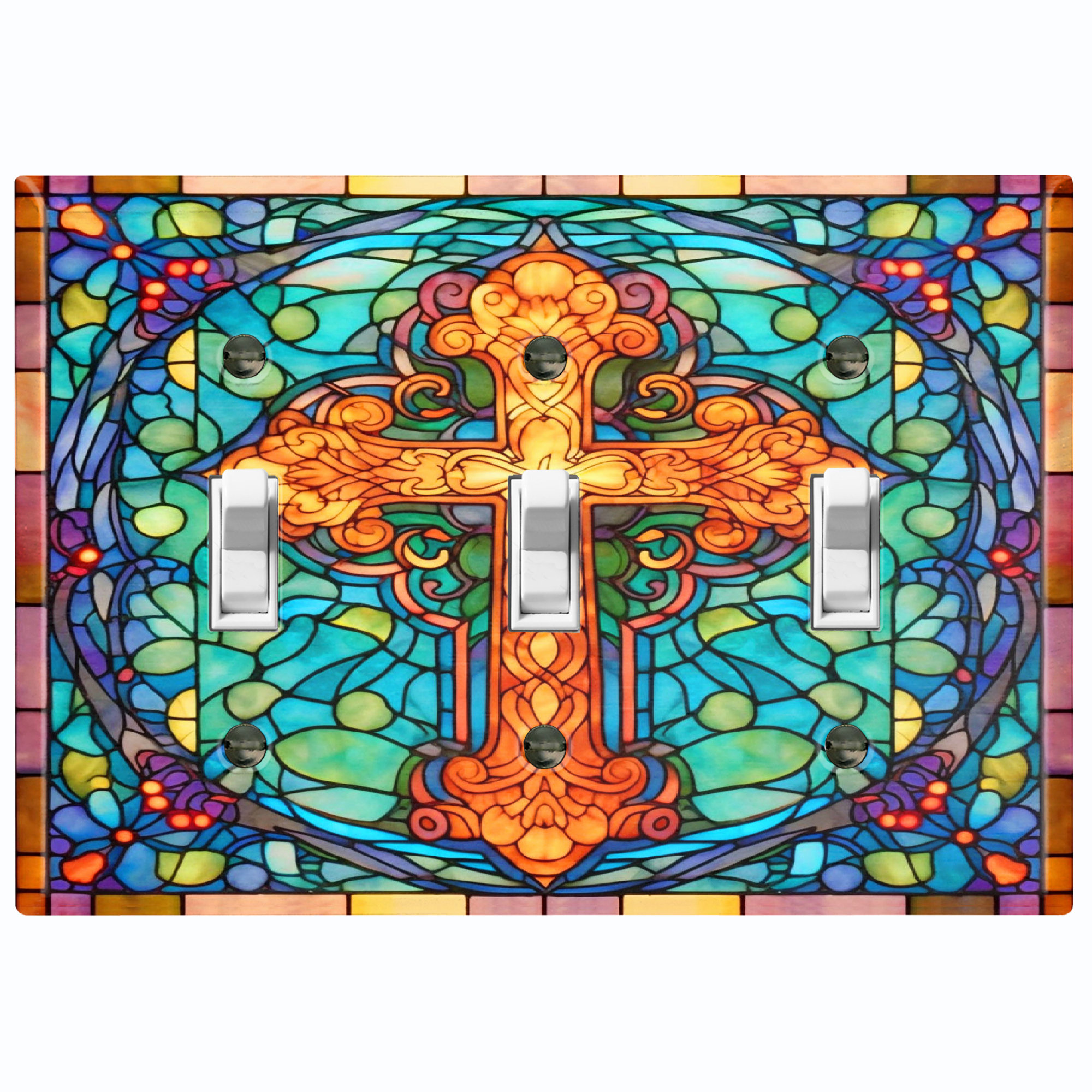 WorldAcc Green Tile Religious Cross Print 3-Gang Toggle Light Switch ...