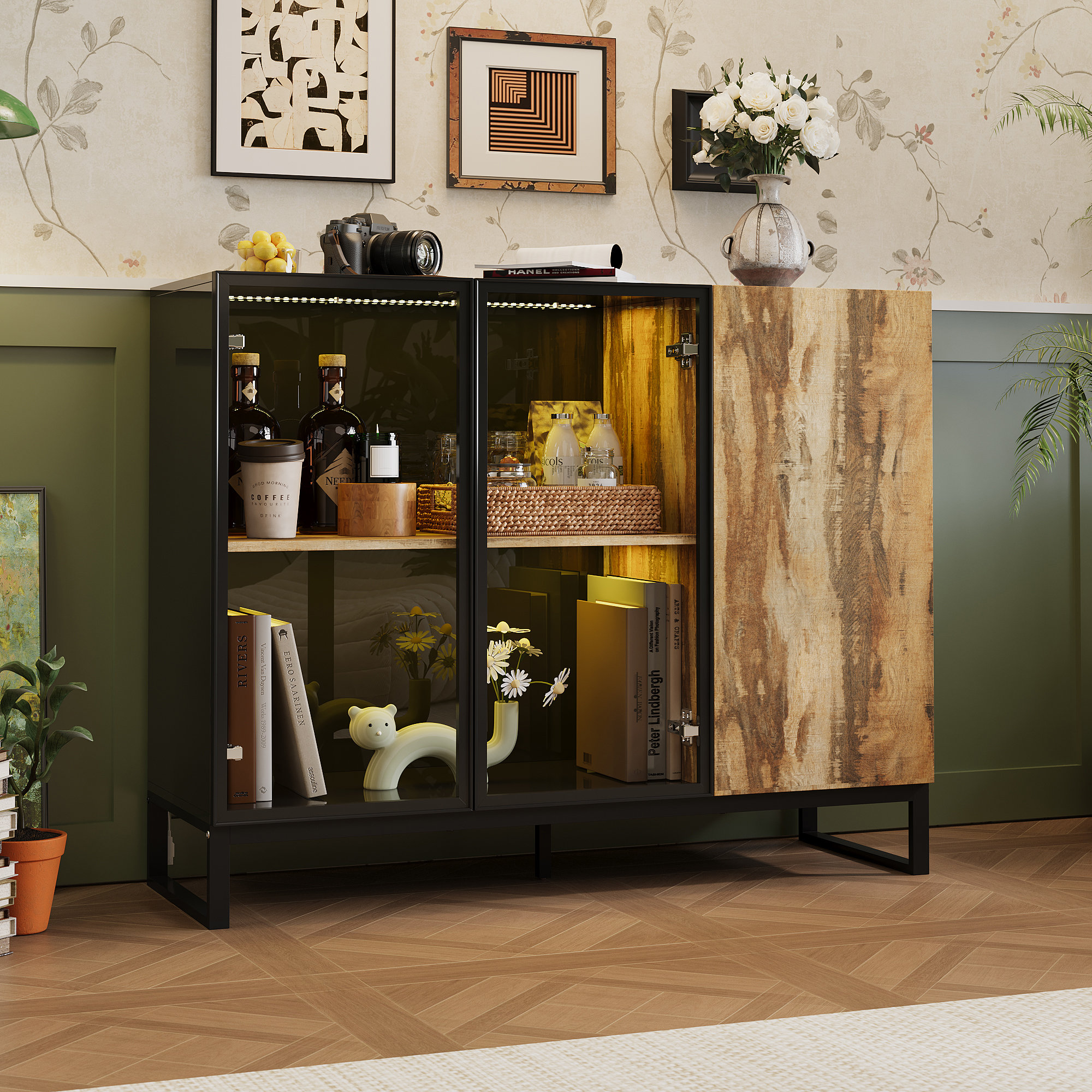 Wrought Studio™ 47.2" Modern Sideboard With Glass Doors, 8-Color LED ...