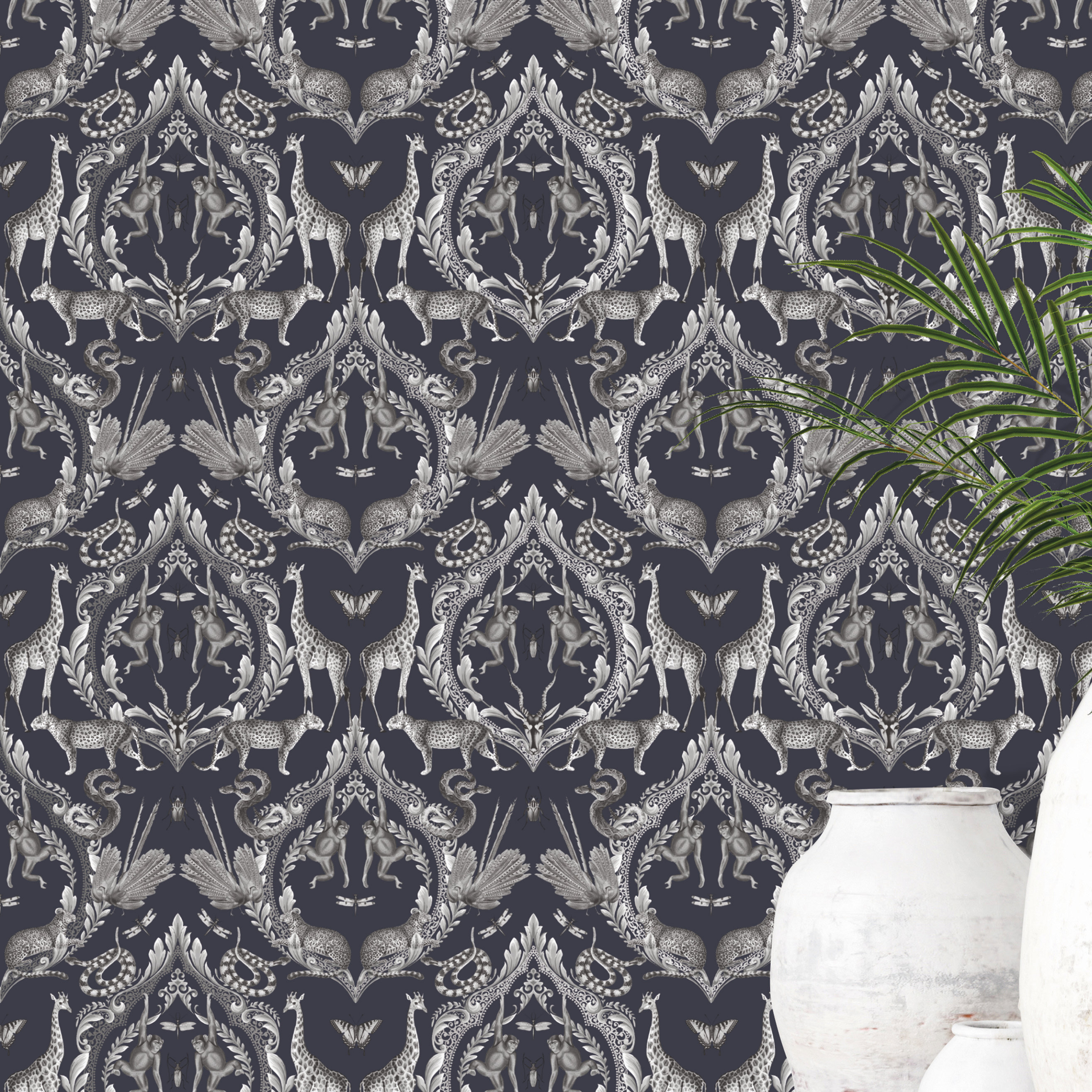 Galerie Wallcoverings Bazaar Metallic Jungle Menagerie Damask 33' L x ...