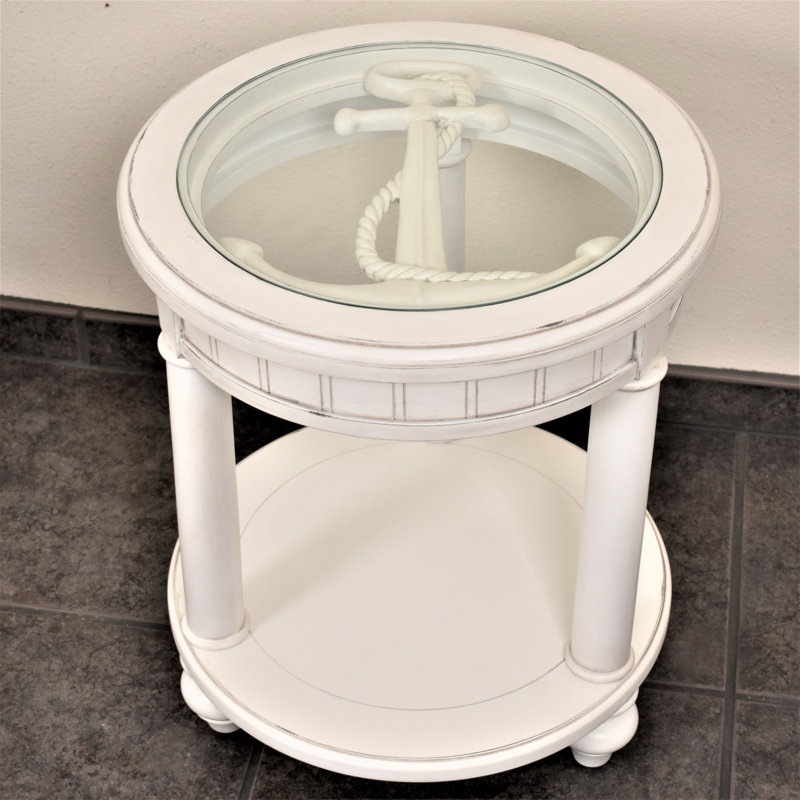 Highland Dunes Kolya White Washed End Table with Anchor Insert - Glass ...