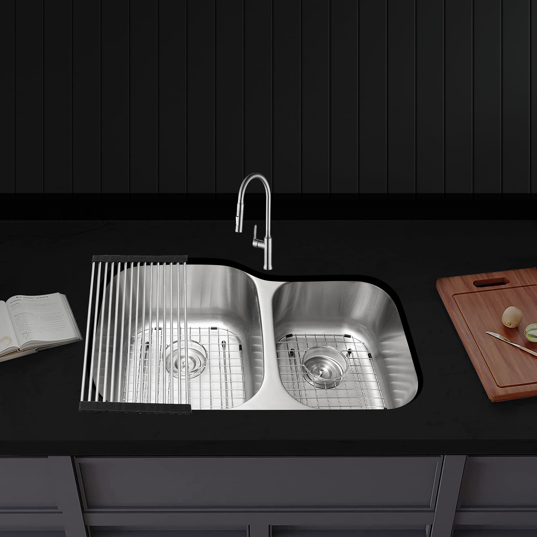 KBFmore 32 Inch Double 60/40 Unequal Bowl 16 Gauge Kitchen Sink with 6 ...