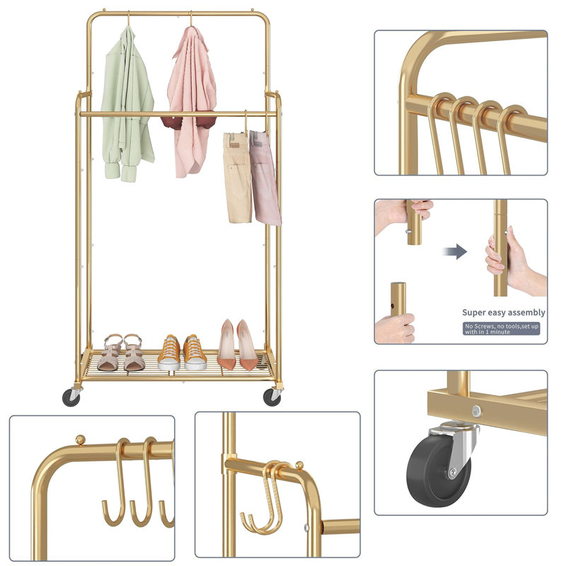 Rebrilliant Gold Heavy - Duty Double - Rod Rolling Clothing Rack with 4 ...