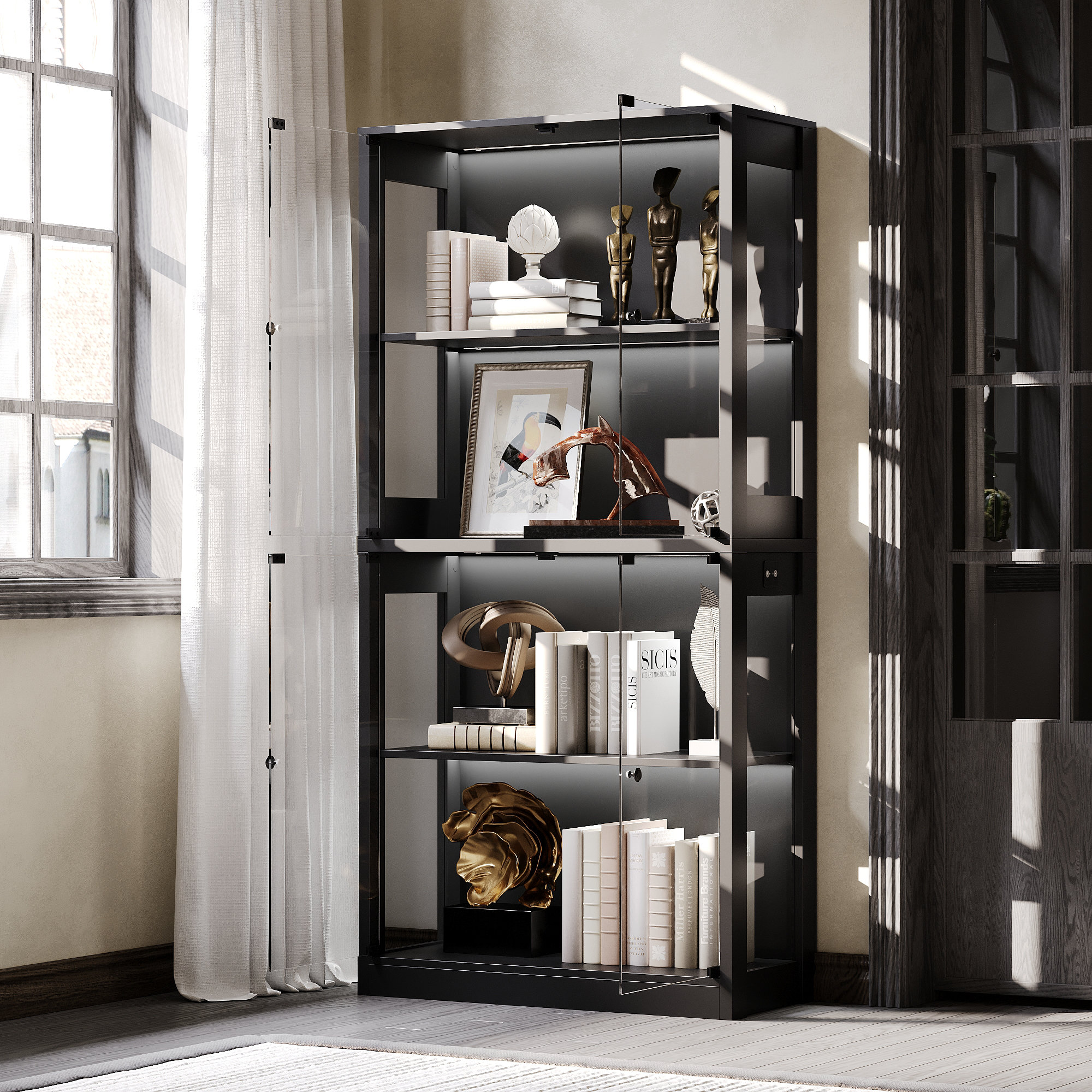 Wrought Studio 65" H 4-Door Black Glass Display Case With Motion ...
