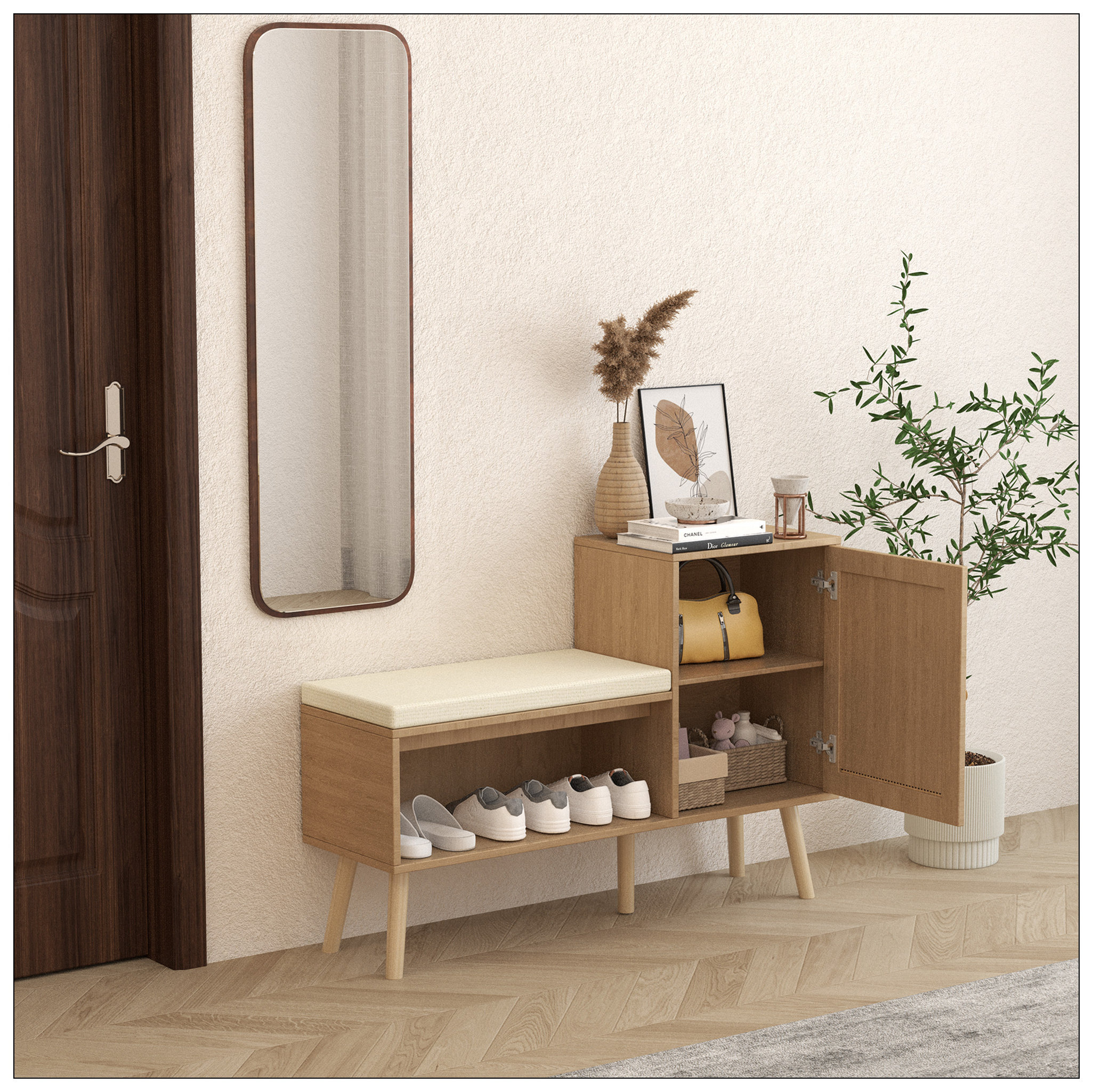 Latitude Run® 2-In-1 Shoe Storage Bench, Natural Rattan Shoe Cabinet ...