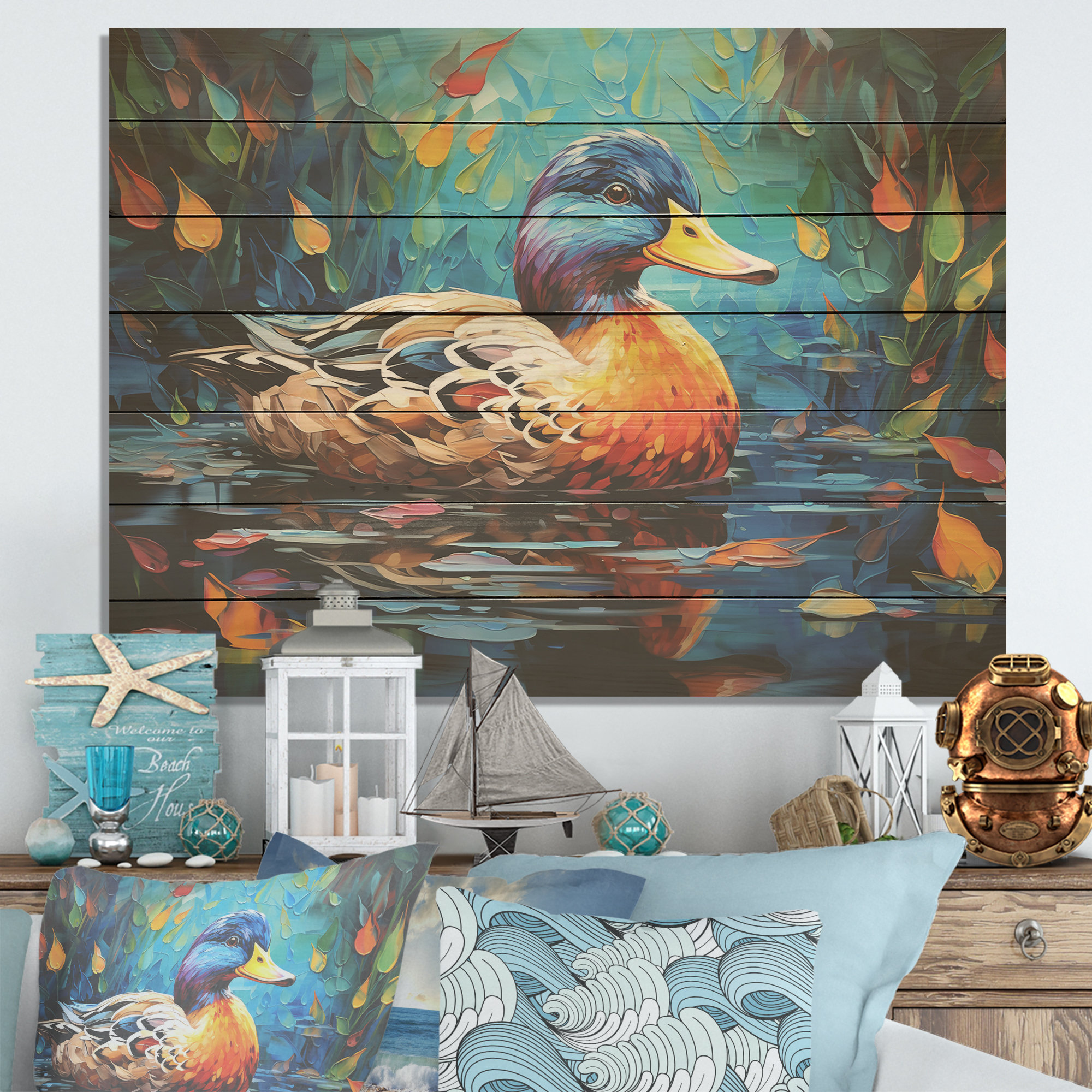 August Grove® Fauvist Duck Pond II - Duck Animal On Wood Print | Wayfair