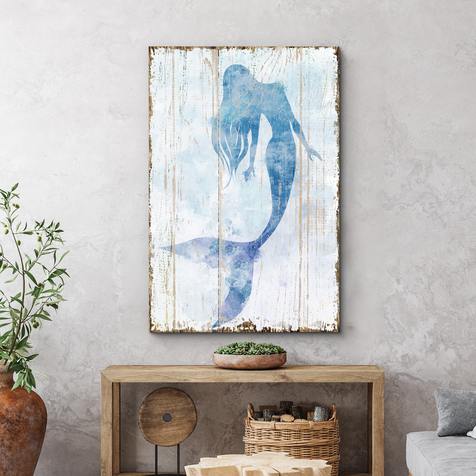 IDEA4WALL Blue Mermaid On Wood Effect Panel Nautical Coastal Beach ...