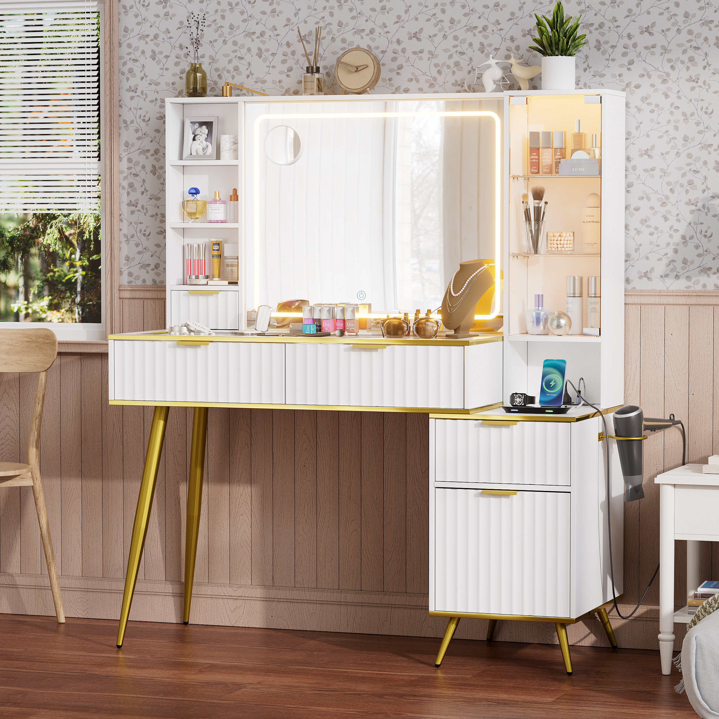 Mercer41 Fluted Vanity Desk With Mirror, Lights And Power Outlet, 47 ...