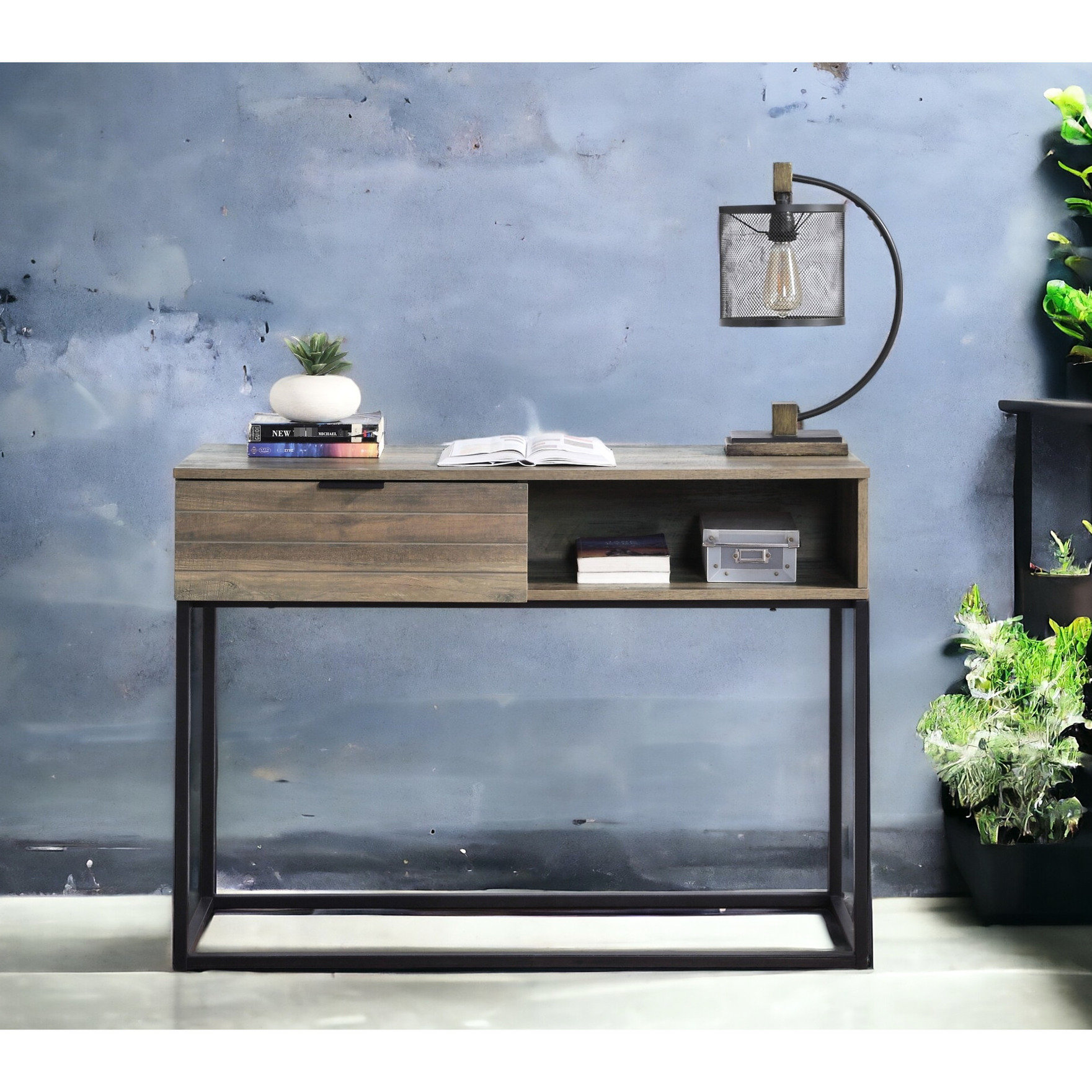 17 Stories Rustic Oak Work Desk With Metal Legs - Sleek Appearance ...