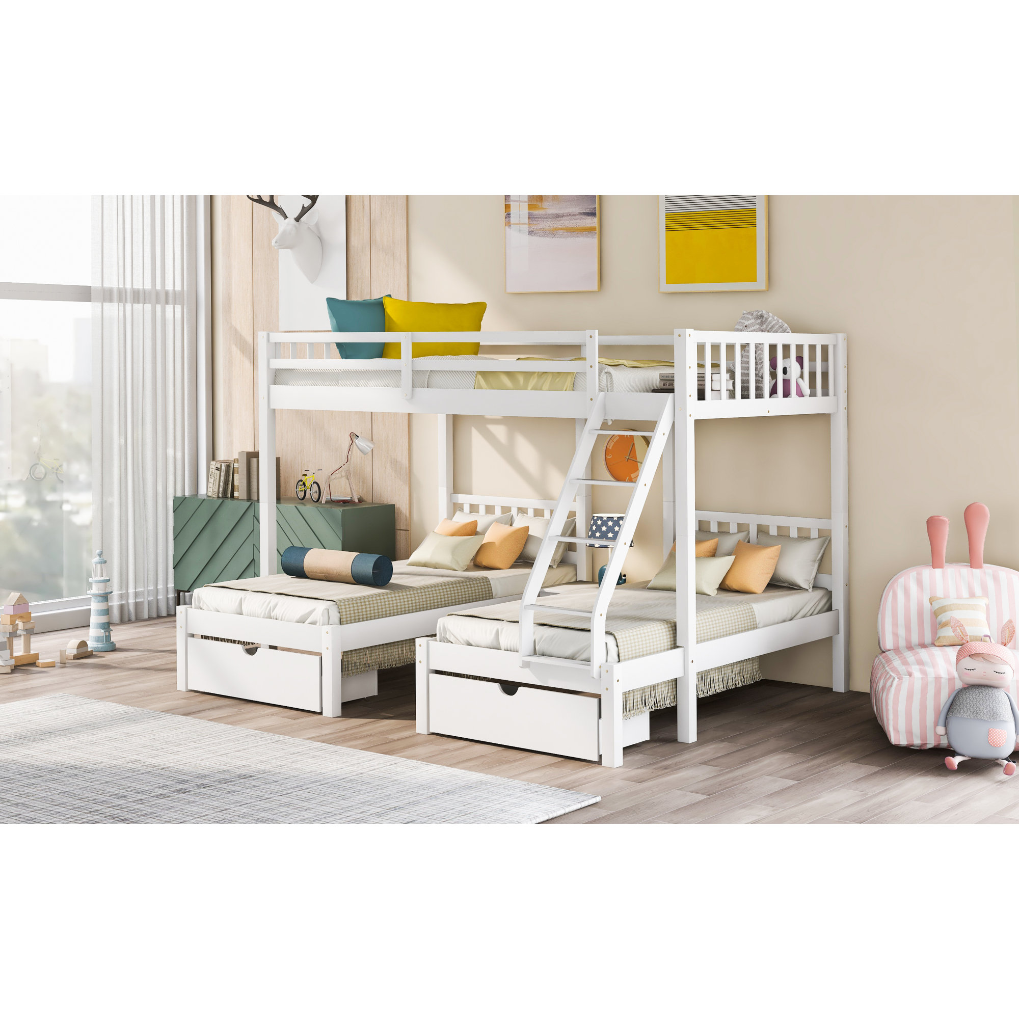 Harriet Bee Space-saving Triple Bunk Bed With Drawers & Guardrails ...