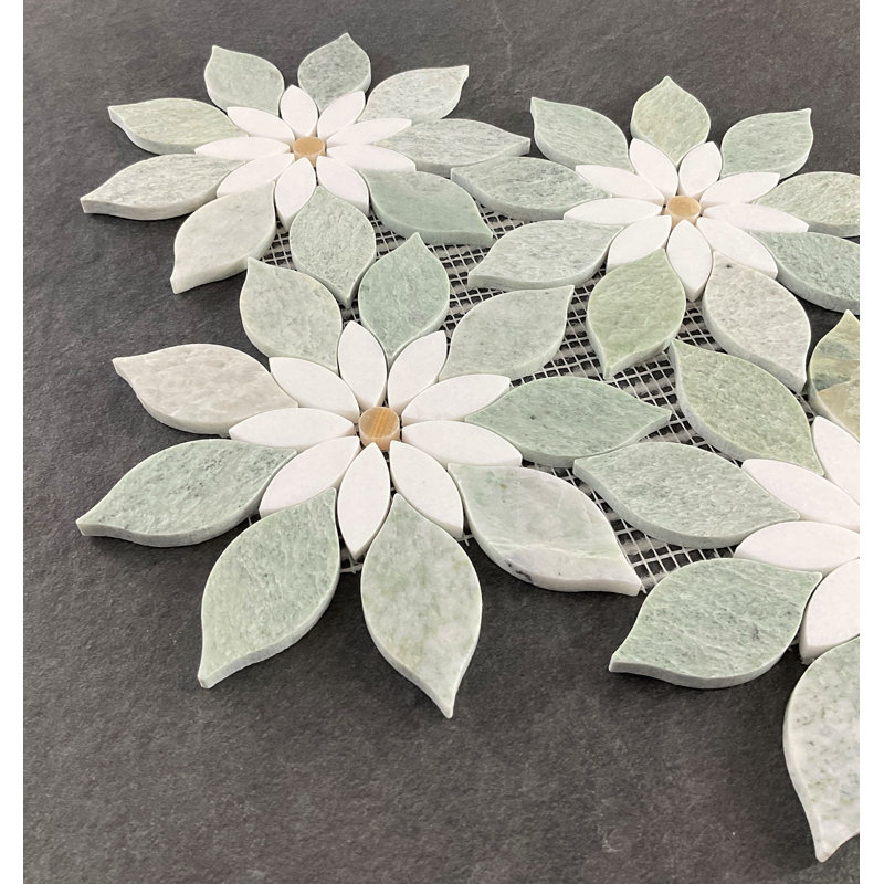 ES Stone 8.5" x 8.5" Ming Green Large Daisy Flower Pattern Marble ...