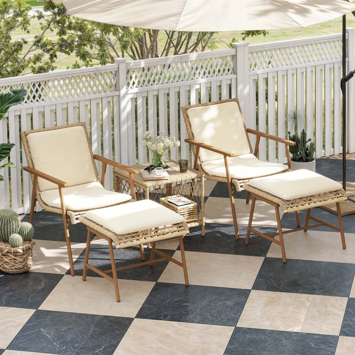 Bay Isle Home™ Outdoor Rattan Conversation Set with 2 Ottomans and 1 ...