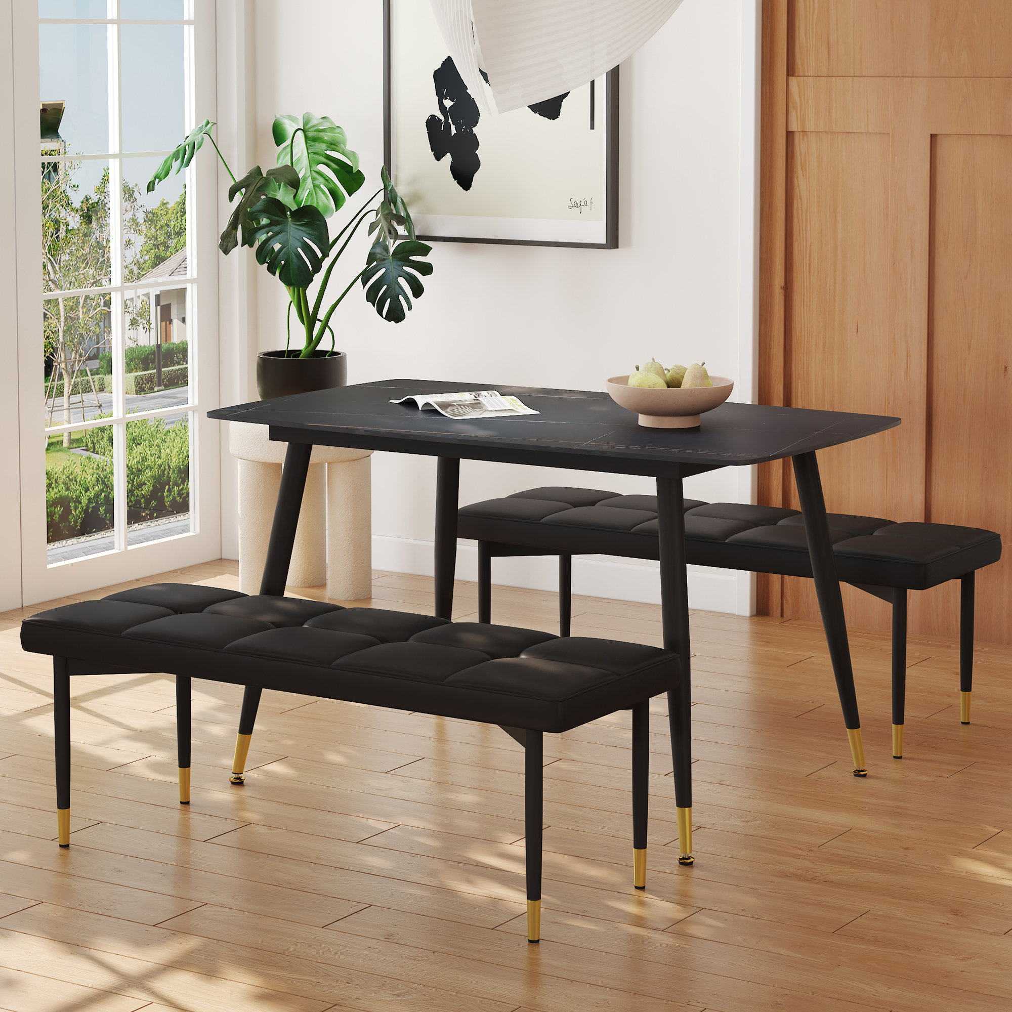 Corrigan Studio -inch Sintered Stone Dining Table Set With 2 Benches ...