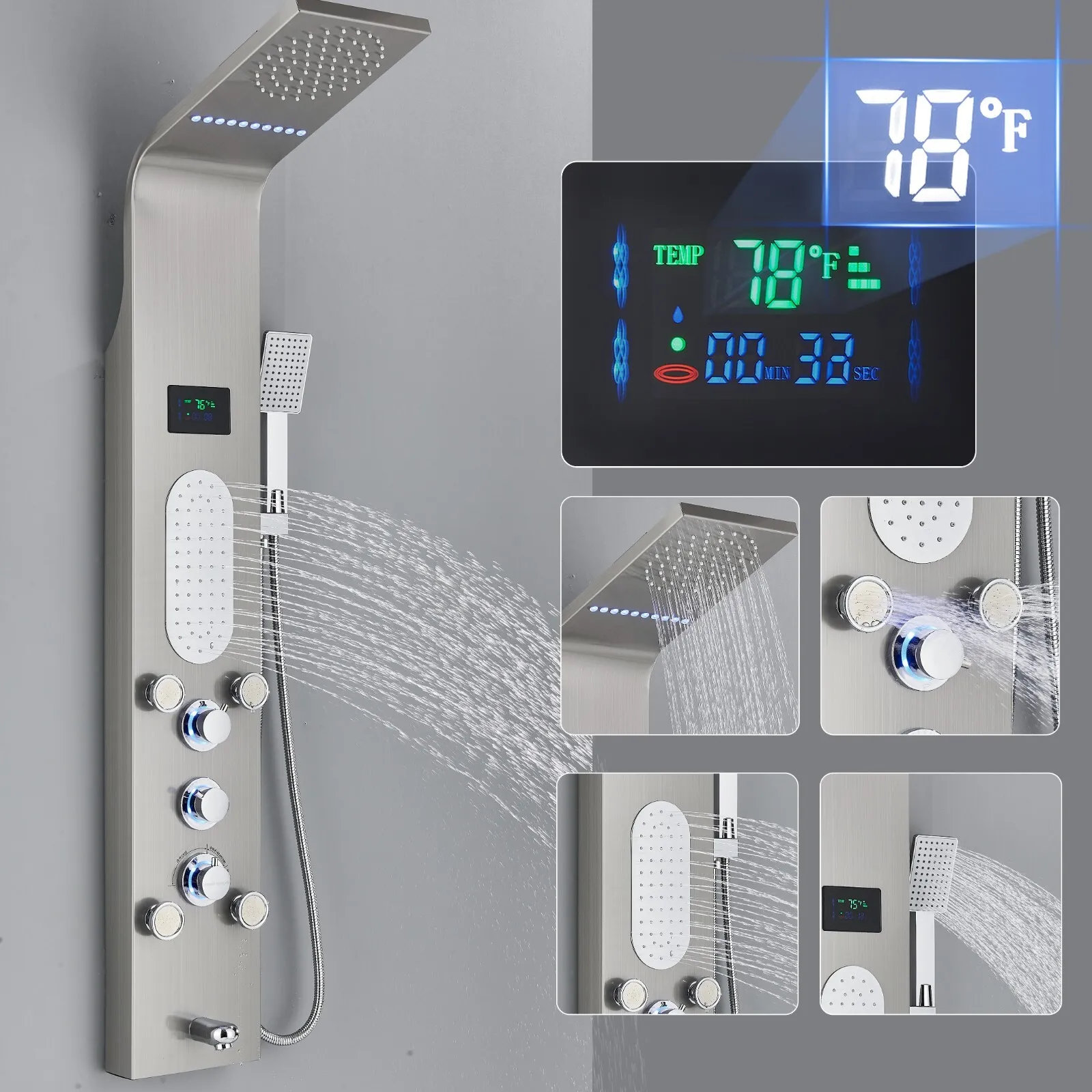 Nabiyy Brushed Nickel LED Rainfall Shower Panel Tower Massage System ...