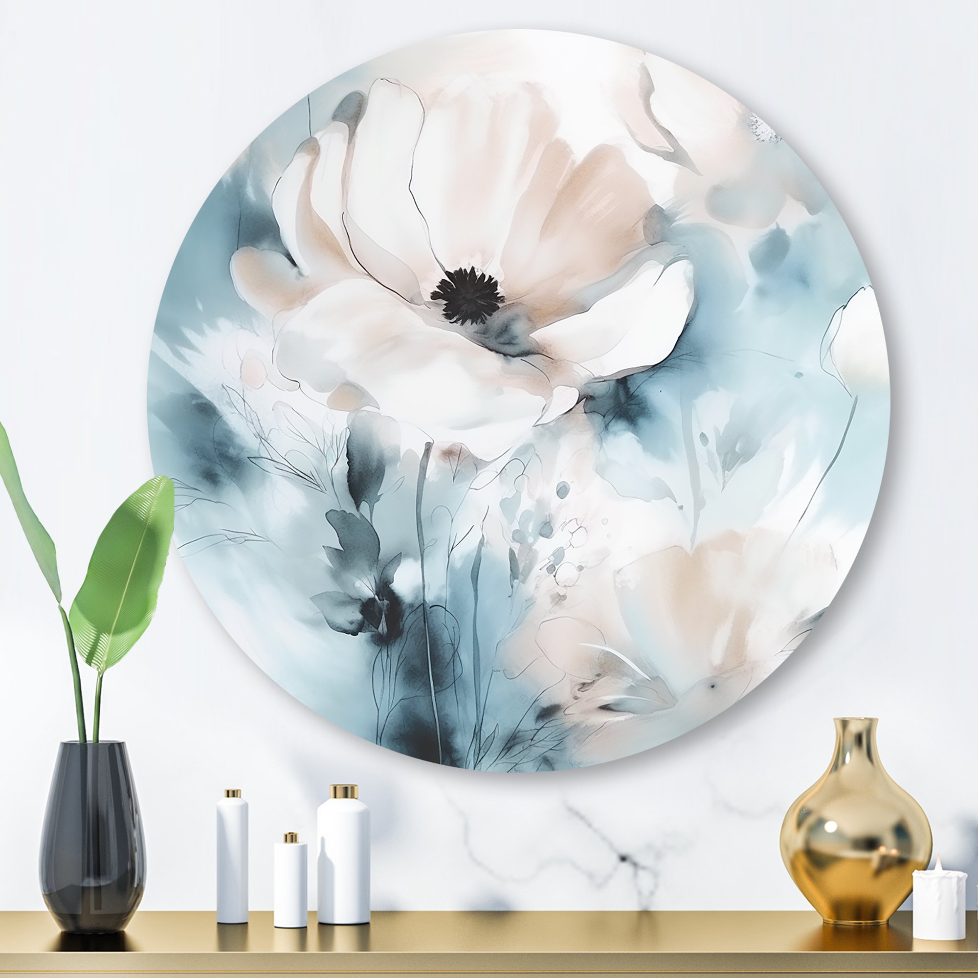 Red Barrel Studio® Figy Delicate Grey Flowers II - Floral Round Metal ...