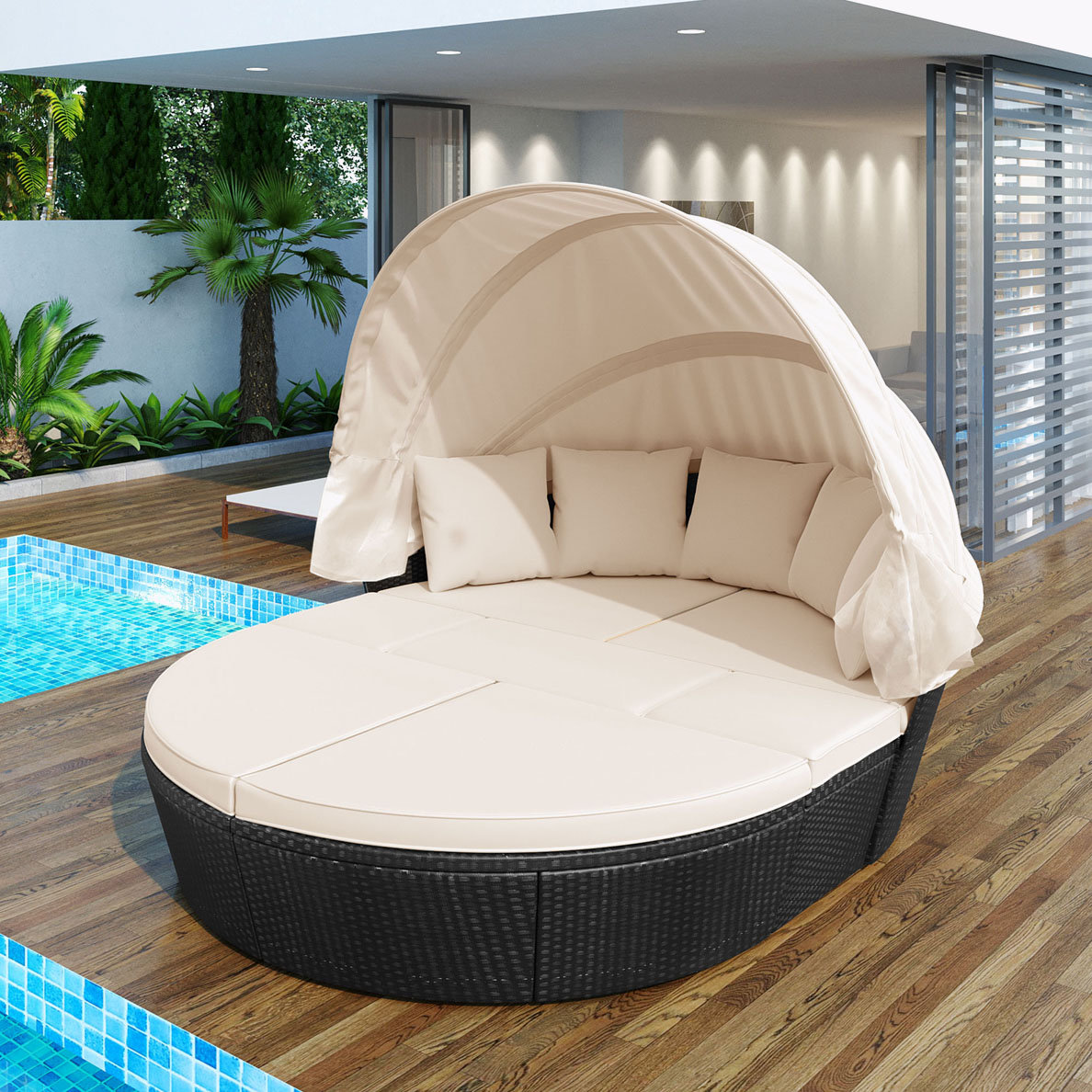 Hokku Designs Rattan Outdoor Sectional Sunbed with Retractable Canopy ...