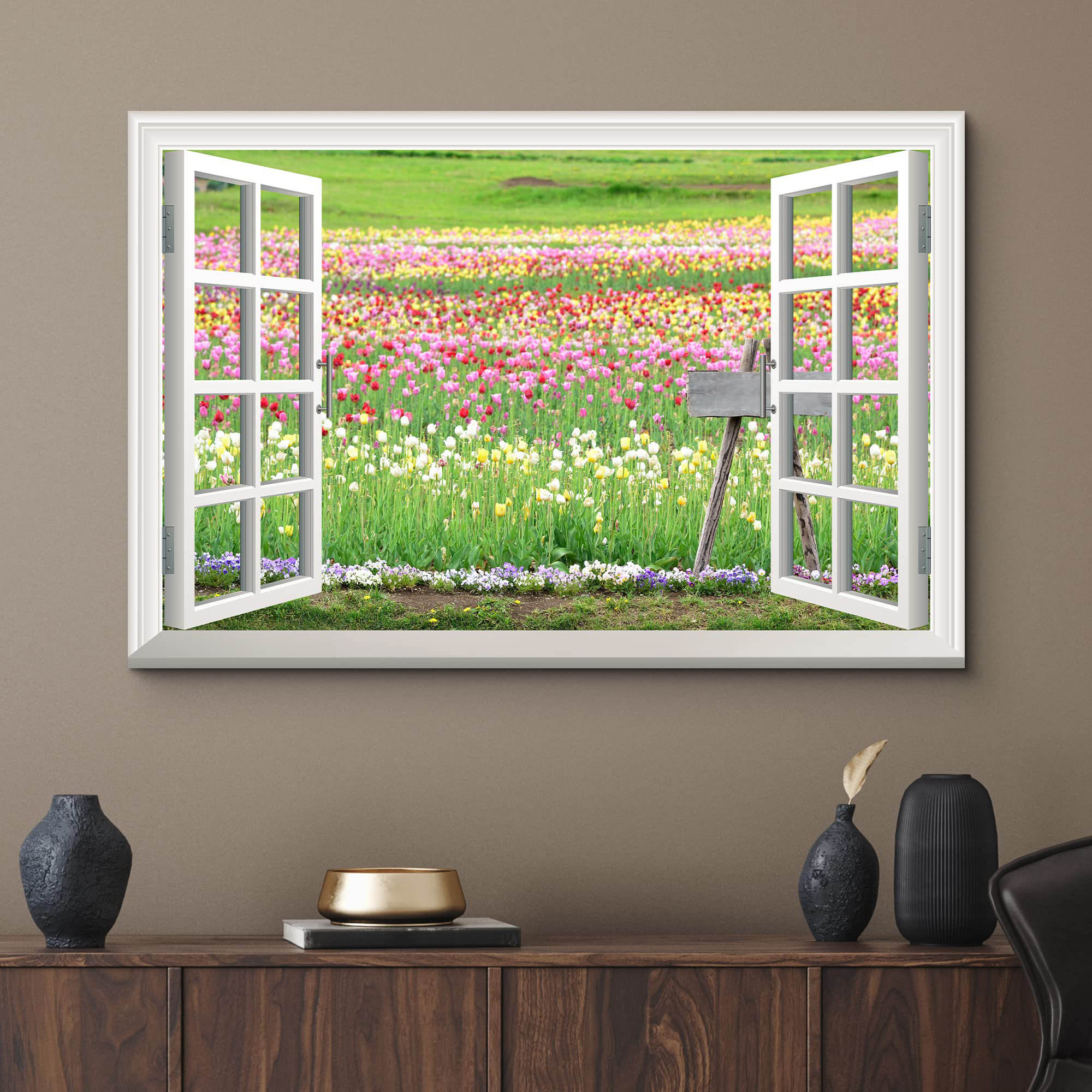 IDEA4WALL Window Scenery " Window View Of Rainbow Tulip Garden Nature ...