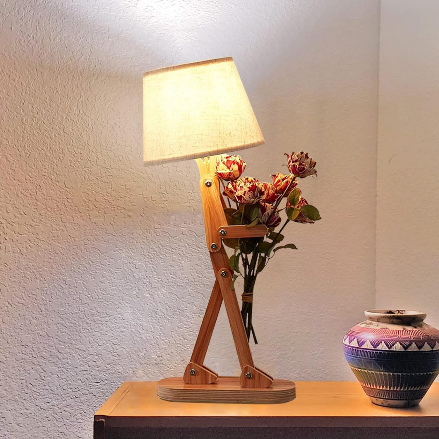 Trinx Keiondra Wood Creative Desk Lamp Nightstand Lamp with Linen ...