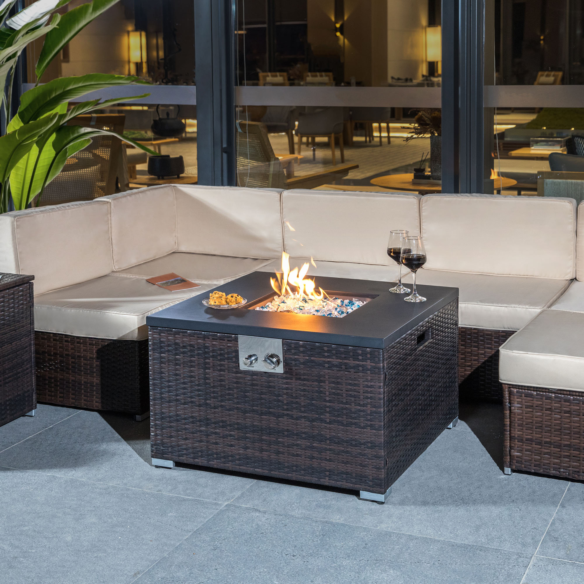 Ebern Designs Outdoor Gas Fire Pit Square Dark Brown Wicker Fire Pit ...