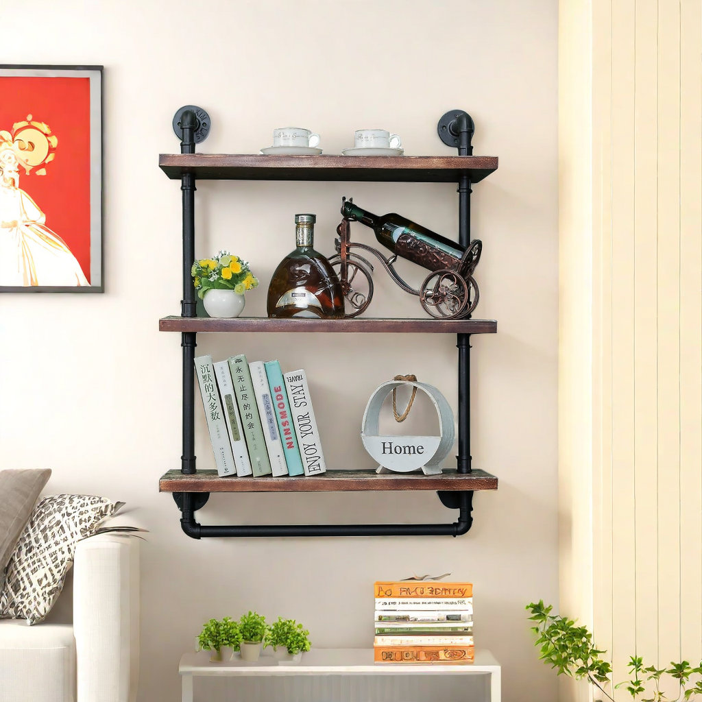Williston Forge Industrial Wall Mounted Pipe Shelves, 3-Tier Rustic ...