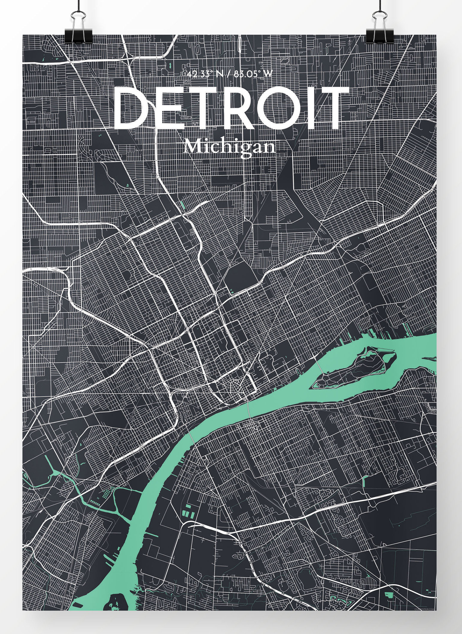 OurPoster.com 'Detroit City Map' Graphic Art Print Poster in Dream ...