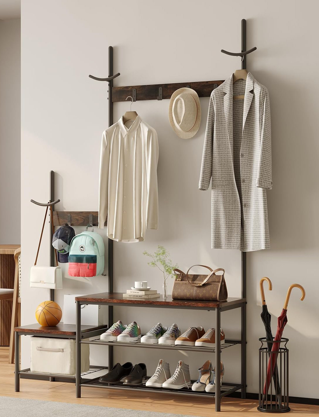 17 Stories 3-in-1 Industrial Design Hall Tree Coat Rack Shoe Bench ...