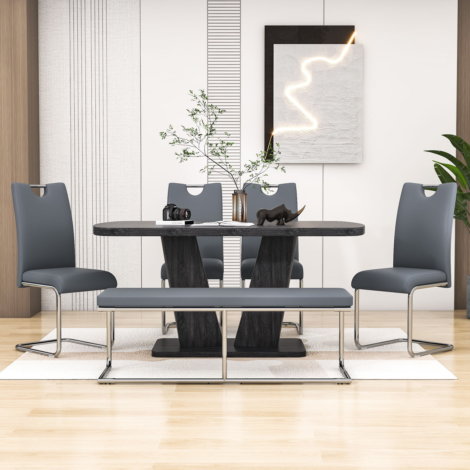 Ivy Bronx Rilen 6-Piece Dining Set, Wooden Table with V-Shaped Base and ...