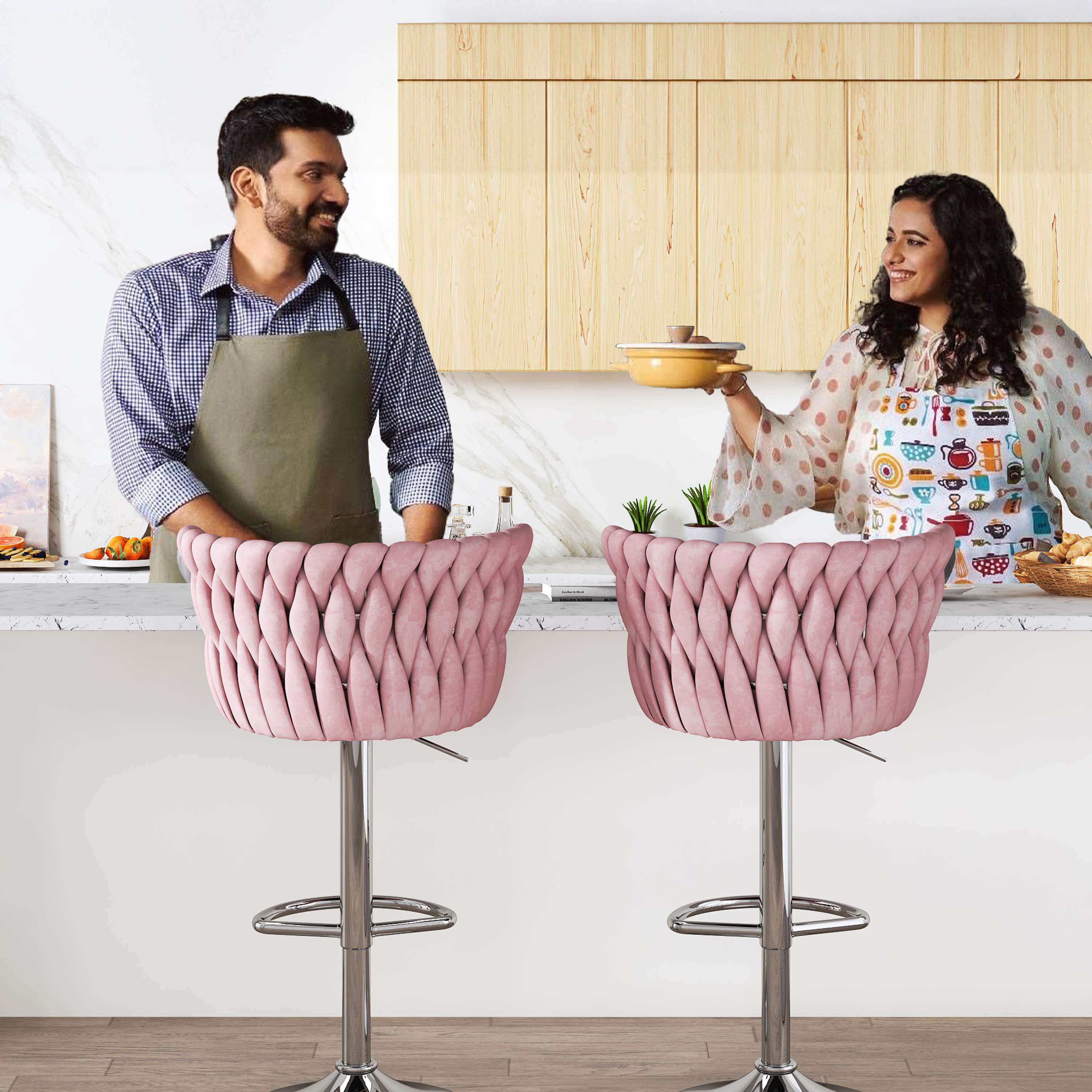 Everly Quinn Newlyn Modern velvet bar stool set, rotating counter ...