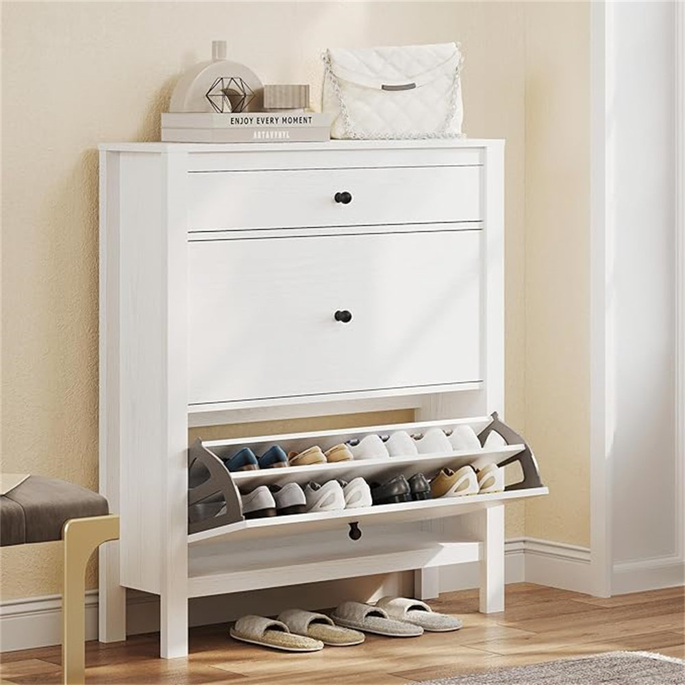 Lark Manor™ Narrow Shoe Cabinet With 2 Flip Drawer - Slim White Shoe ...