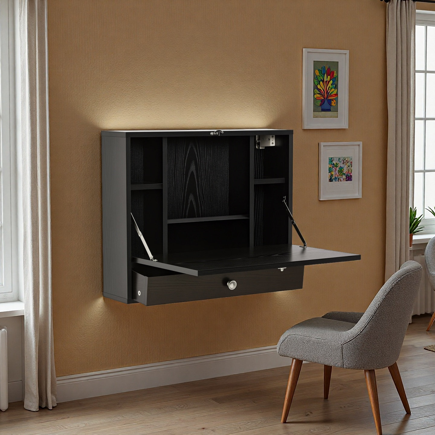 Ebern Designs Wall Mounted Desk With Storage Shelves, Floating Desk ...