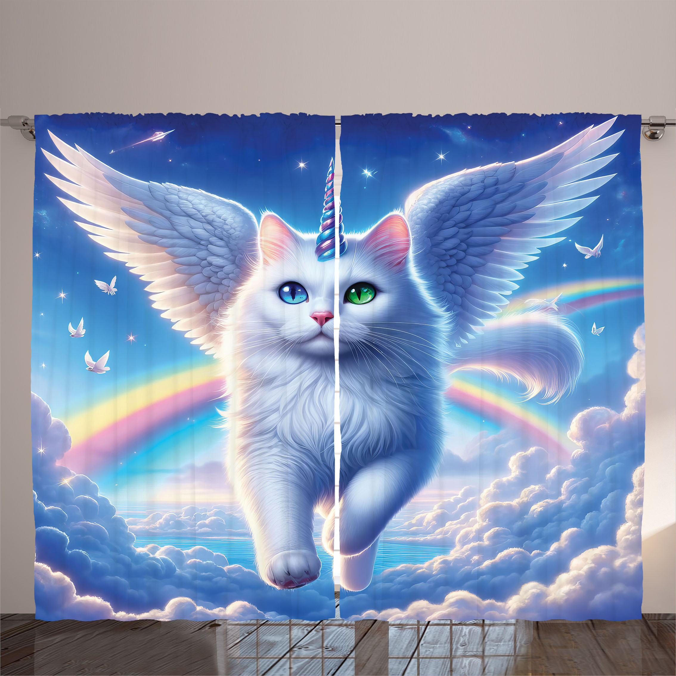 Ambesonne Curtains 2 Panel Set, Pegasus Kitty Flies Clouds Sky, Azure ...