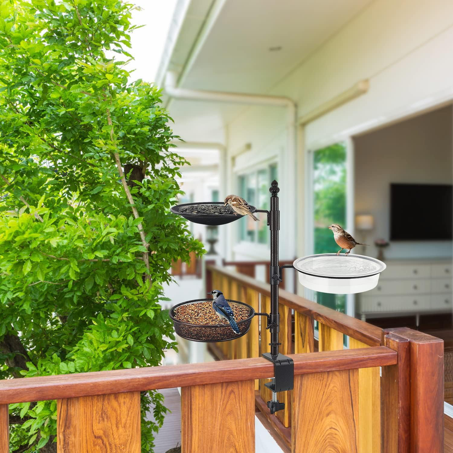 Charlton Home Balcony & Porch Deck Railing Bird Feeder - 3 Tray, Bath ...