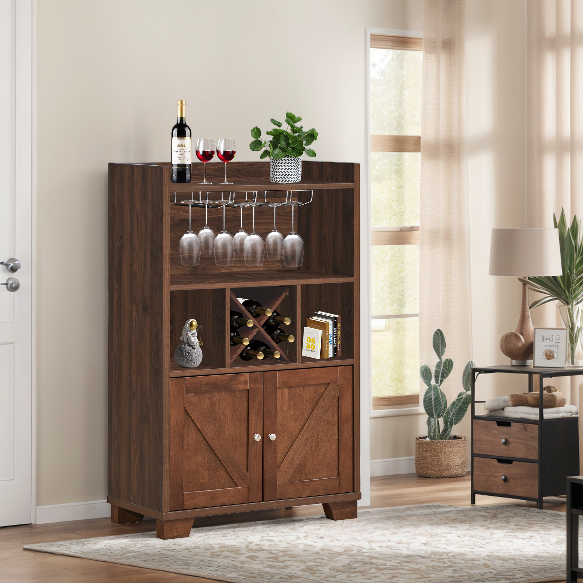 Gracie Oaks Coffee Bar Cabinet,Storage Cabinet With Barn Door And Glass ...