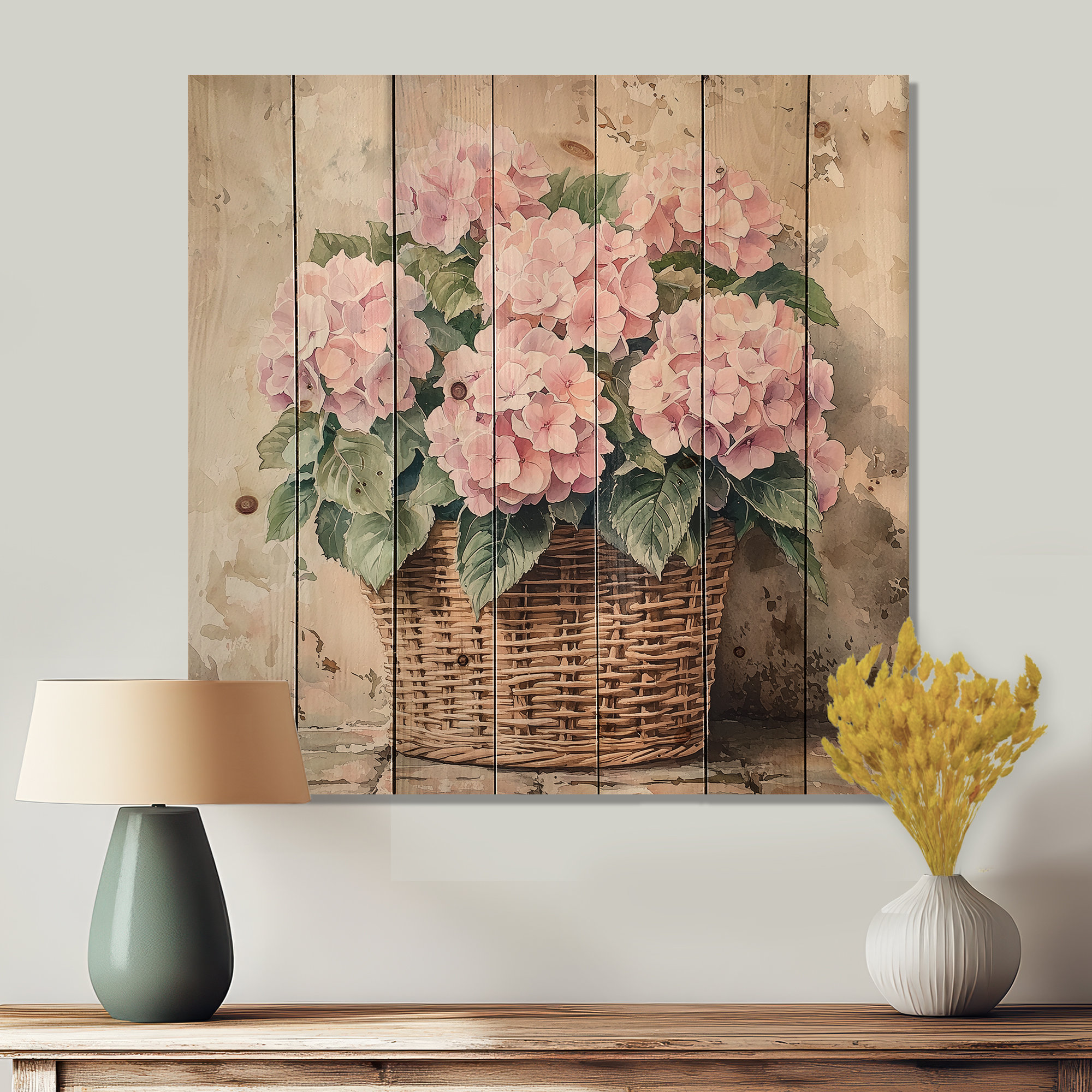 Ophelia & Co. Hydrangeas In A Vintage Basket I - Hydrangea Wood Wall ...